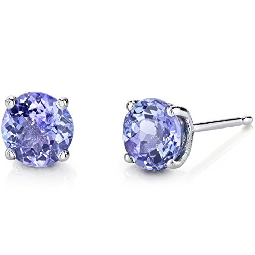Peora 14K White Gold Tanzanite Stud Earrings for Women, Genuine Gemstone, Classic Solitaire Round Shape, 6mm, 1.50 Carats total, Friction Back