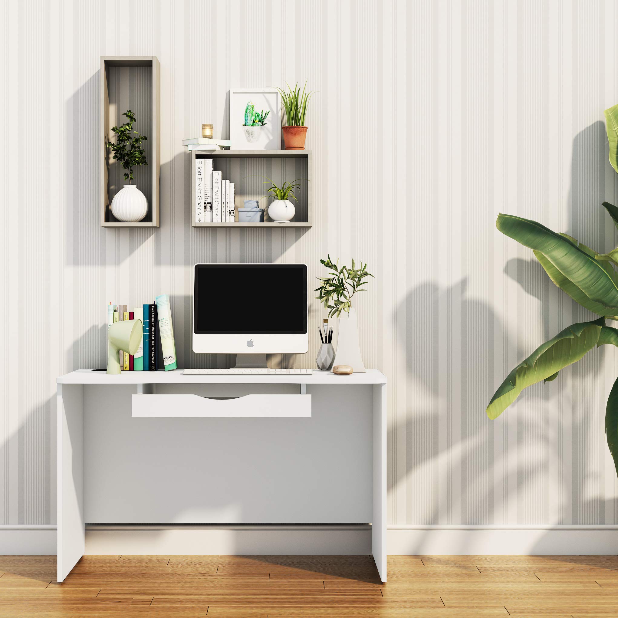 Sunon Laminate Office Desk Shell 48-inch Rectangle Curved Computer Gaming Desk Shell with Keyboard Tray for Home Office (L48''xW24''xH30''/120x60x75cm, White)
