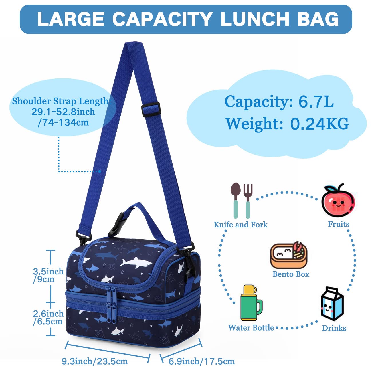 VASCHY Lunch Box Bag Kids, Insulated Two Compartments Cooler Bags for Boys Girls w Shoulder Strap for School,Daycare,Kindergarten,Picnic Shark
