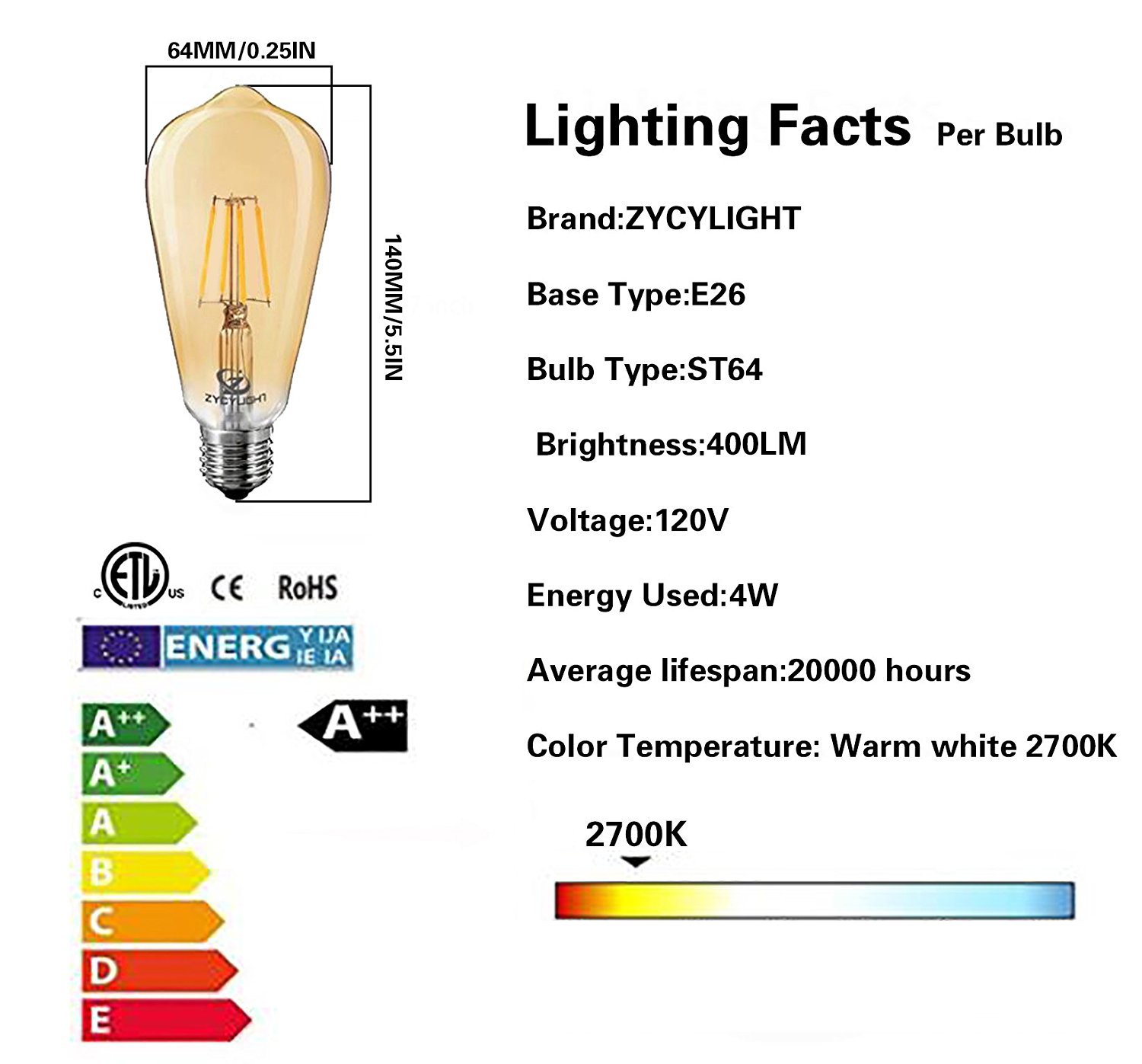 ZYCYLIGHT Dimmable Led Bulb, 4w LED Edison Bulb, 40w Equivalent, 4W Vintage LED Filament Light Bulb, St64 Led Bulb,2400-2700K (Amber Glow),e26 Medium Screw Base, Amber Glass Cover, 10 Pack