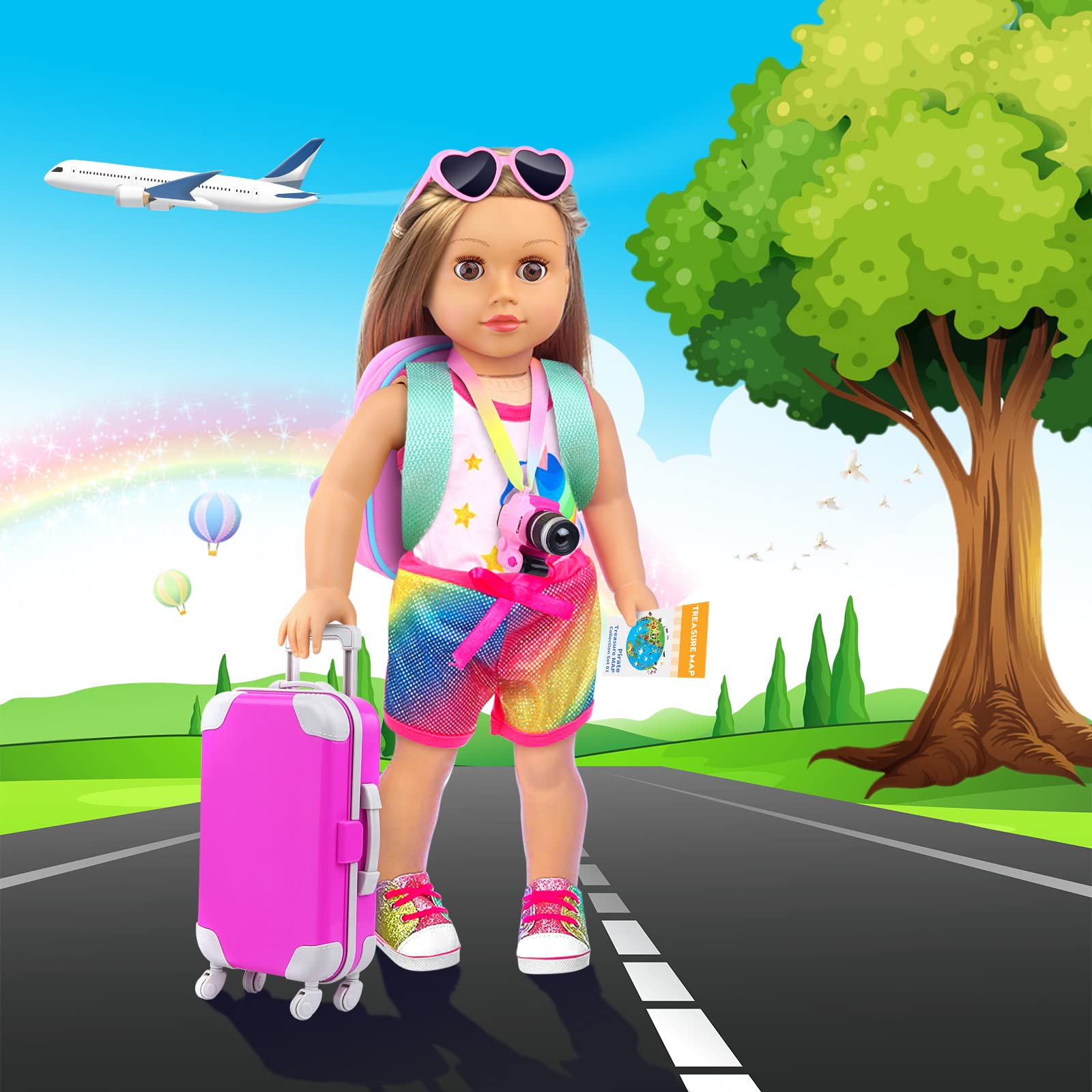 ZITA ELEMENT 24 Pcs 18 Inch American Doll Accessories Clothes and Suitcase Set Including 18 Inch Doll Clothes Suitcase Backpack and Other Travel Set