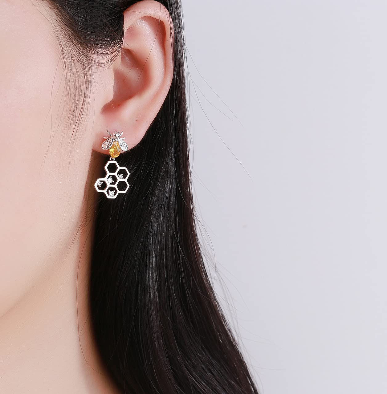 SLUYNZ 925 Sterling Silver Crystal Bee Earrings Drop fpr Women Honeycomb Dangle Earrings Studs