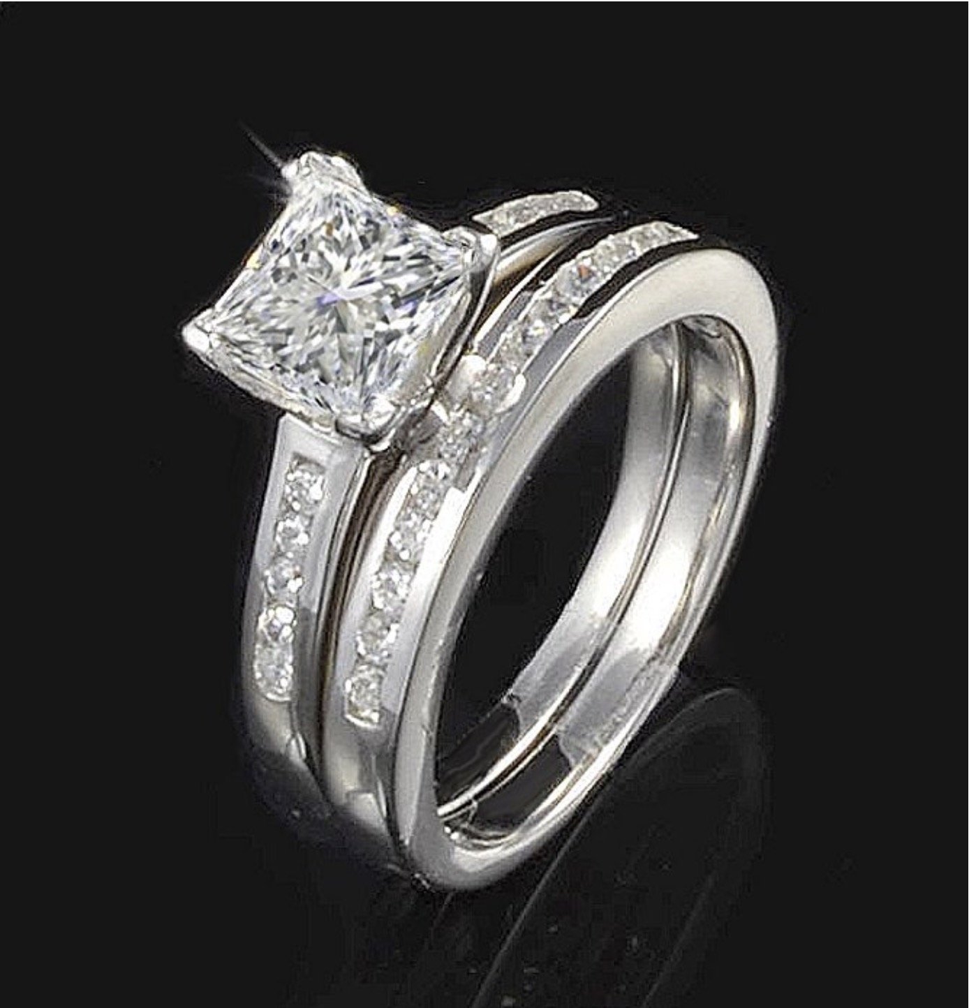 VenetiaDiamond.com REALISTIC TOP GRADE 1 CARAT CONTEMPORARY PRINCESS CUT RING SET 925 SILVER (7)