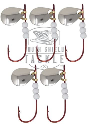 Tooth Shield Tackle Ice Fishing Deadstick Charmer Hook Tip-Up Rig / Tip Down Hook Rig Walleye Crappie Perch Jig [Red White] 5 Pack (Hook Size: 4)