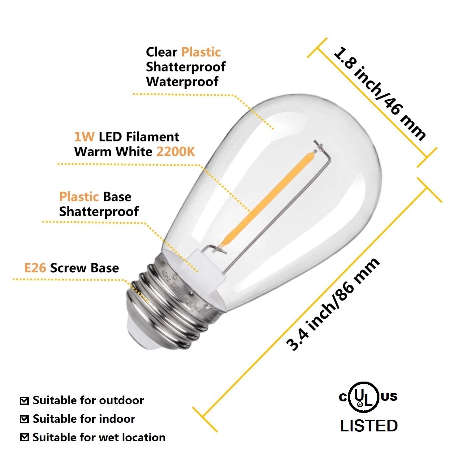 Shatterproof & Waterproof S14 Outdoor String Light Bulb–1W S14 led Bulb-Use to Replace 11W, Warm White 2200K,70LM,Plastic Bulbs, E26 Base(15 Pack)