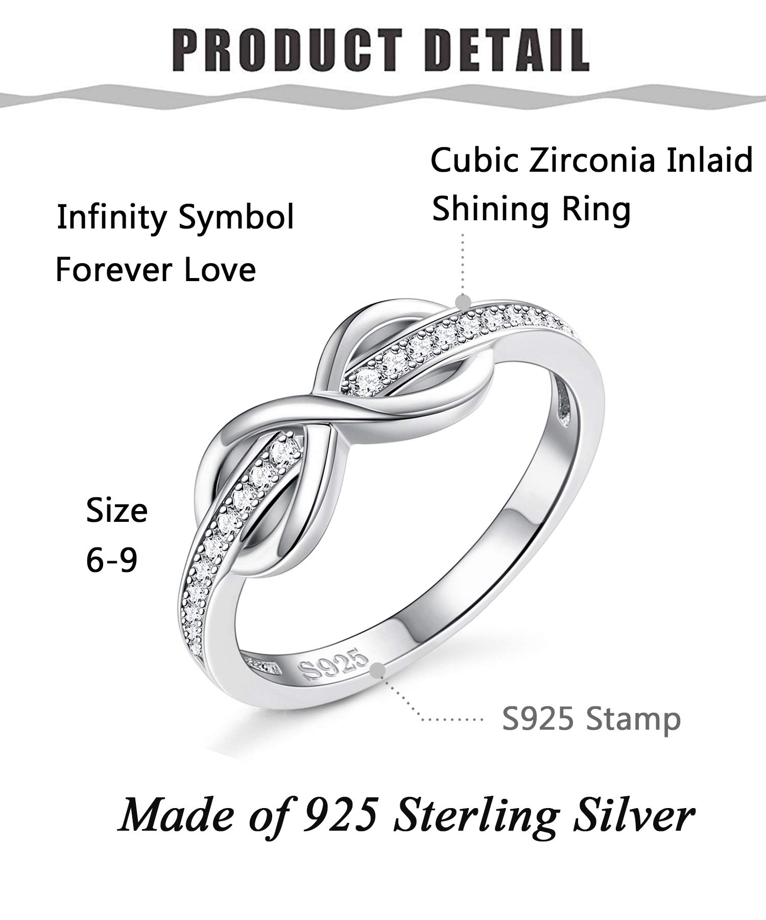 Sllaiss 925 Sterling Silver Ring for Women CZ Infinity Symbol Forever Eternity Wedding Band Ring for Women Size 6-9