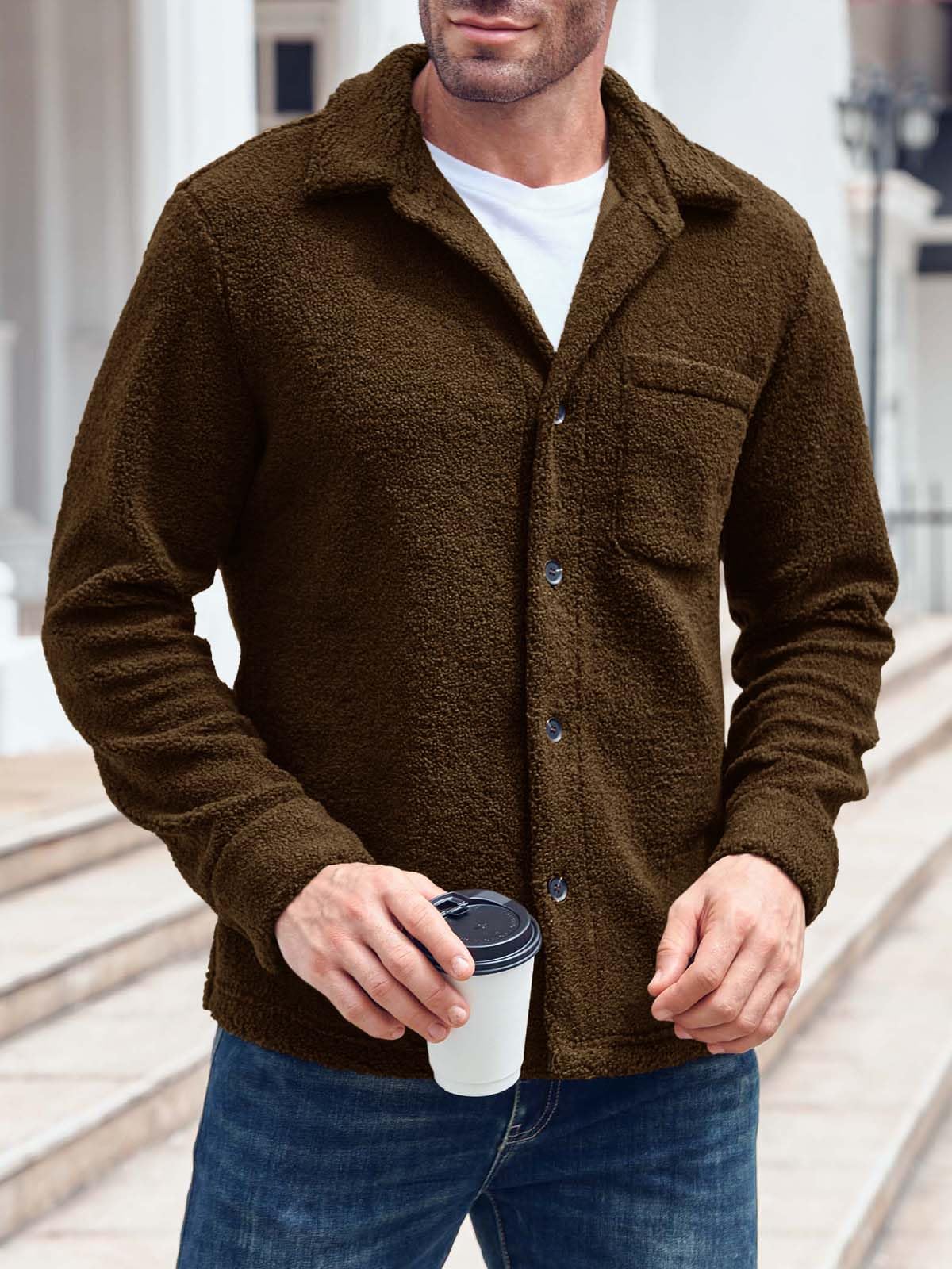 Runcati Mens Fleece Sherpa Jacket Button Down Fall Winter Casual Lightweight Fuzzy Shacket