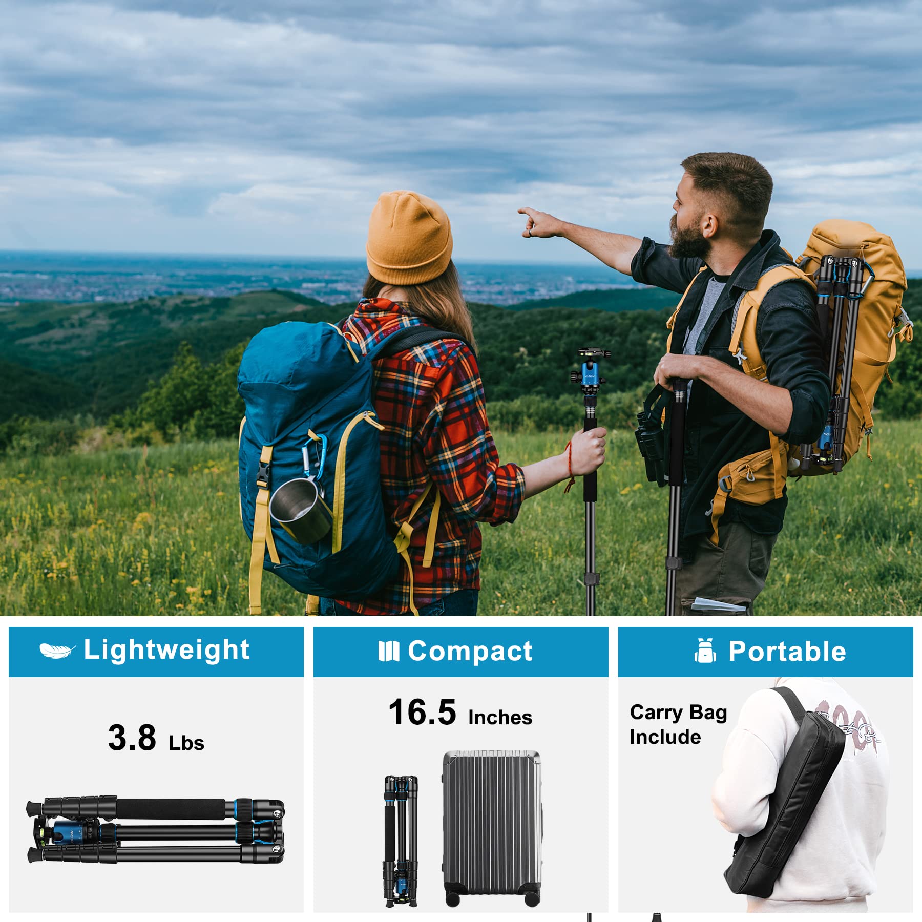Tripod for Camera, 81" Camera Tripod Stand, 83 inches DSLR Tripods & Monopods, Heavy Duty Travel Tripod for Binoculars Laser Level Spotting Scope Telescope, Professional Complete Tripod Units