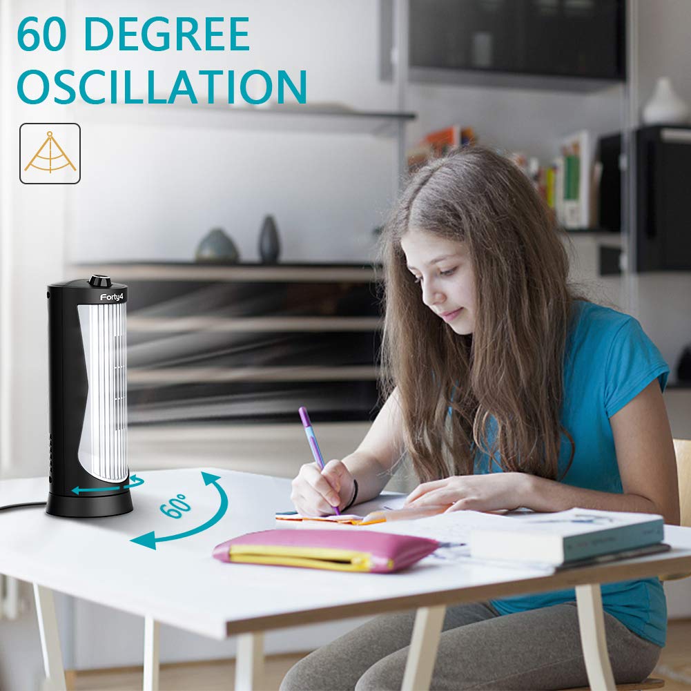 Small Tower Fan, 13 inch Electric Oscillating Desk Fan, 2 Settings, Equipped with Turbine Technology, Compact, Personal Rotating Standing Fan for Office Tabletop Home Nightstand