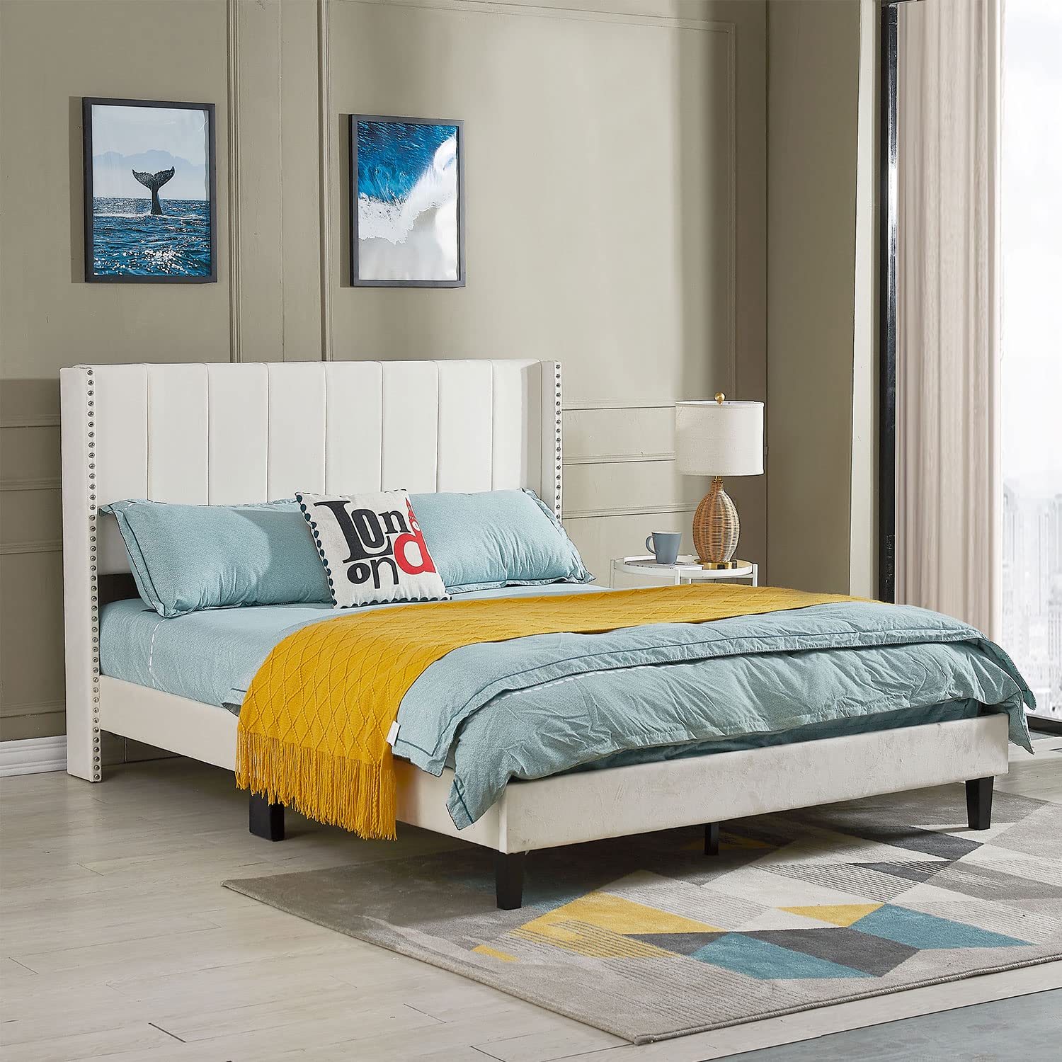 Royard Oaktree Queen Size Tufted Upholstered Bed Frame Low Profile Velvet Bed Frame Platform with Raised Wingback Headboard/No Box Spring Required/Wood Slat Support/Black