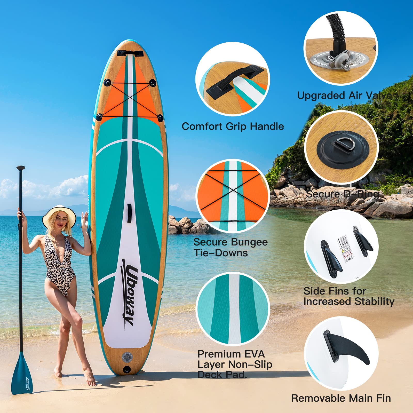 Uboway Inflatable Stand Up Paddle Board 11' Paddleboard Inflatable Ultra-Light with Premium Sup & Backpack Accessories for All Skill Levels, Non-Slip Deck, Dry Bag & Hand Pump, Fish Design