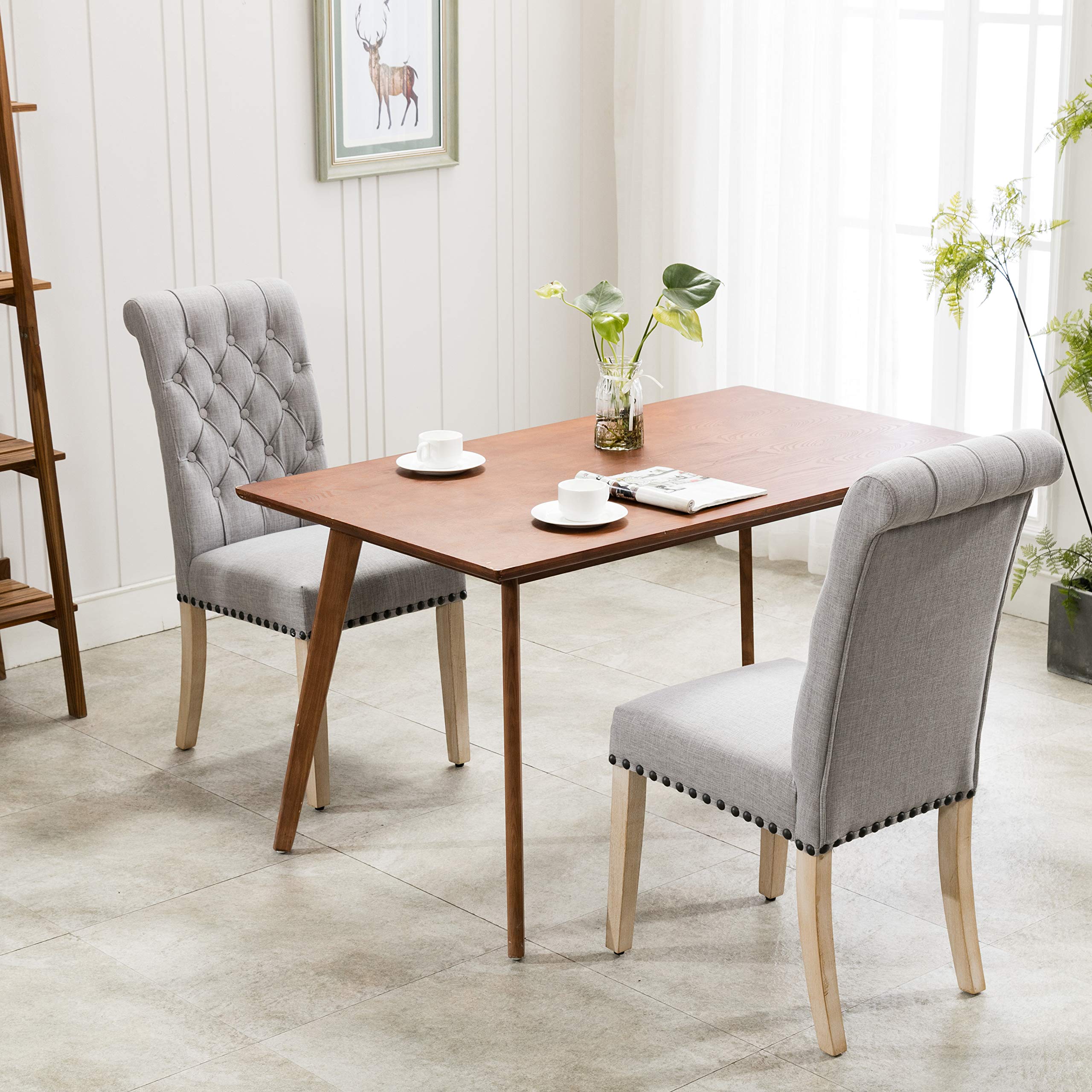 Restworld Fabric Dining Chairs Set of 2,Tufted Upholstered High Back Nailed Trim with Untique Oak Wood Legs for Kitchen Restaurant Room