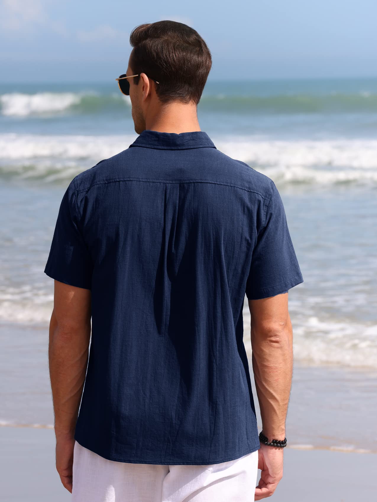 Runcati Mens Short Sleeve Guayabera Shirts Linen Cotton Button Up Mexican Embroidered Cuban Wedding Shirt Navy