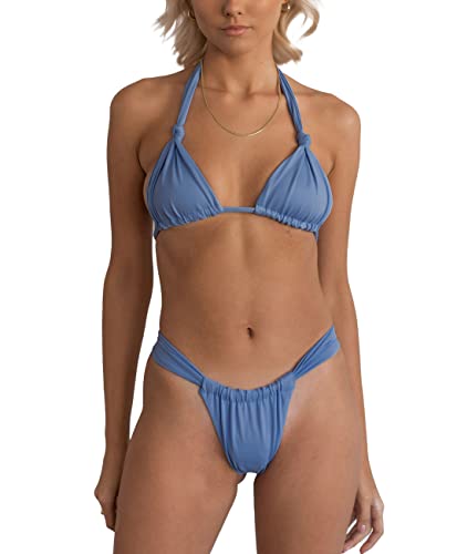 Rooscier Women's Retro Halter Triangle Top Push Up 2 Piece String Bikini Set Swimsuits Blue Medium