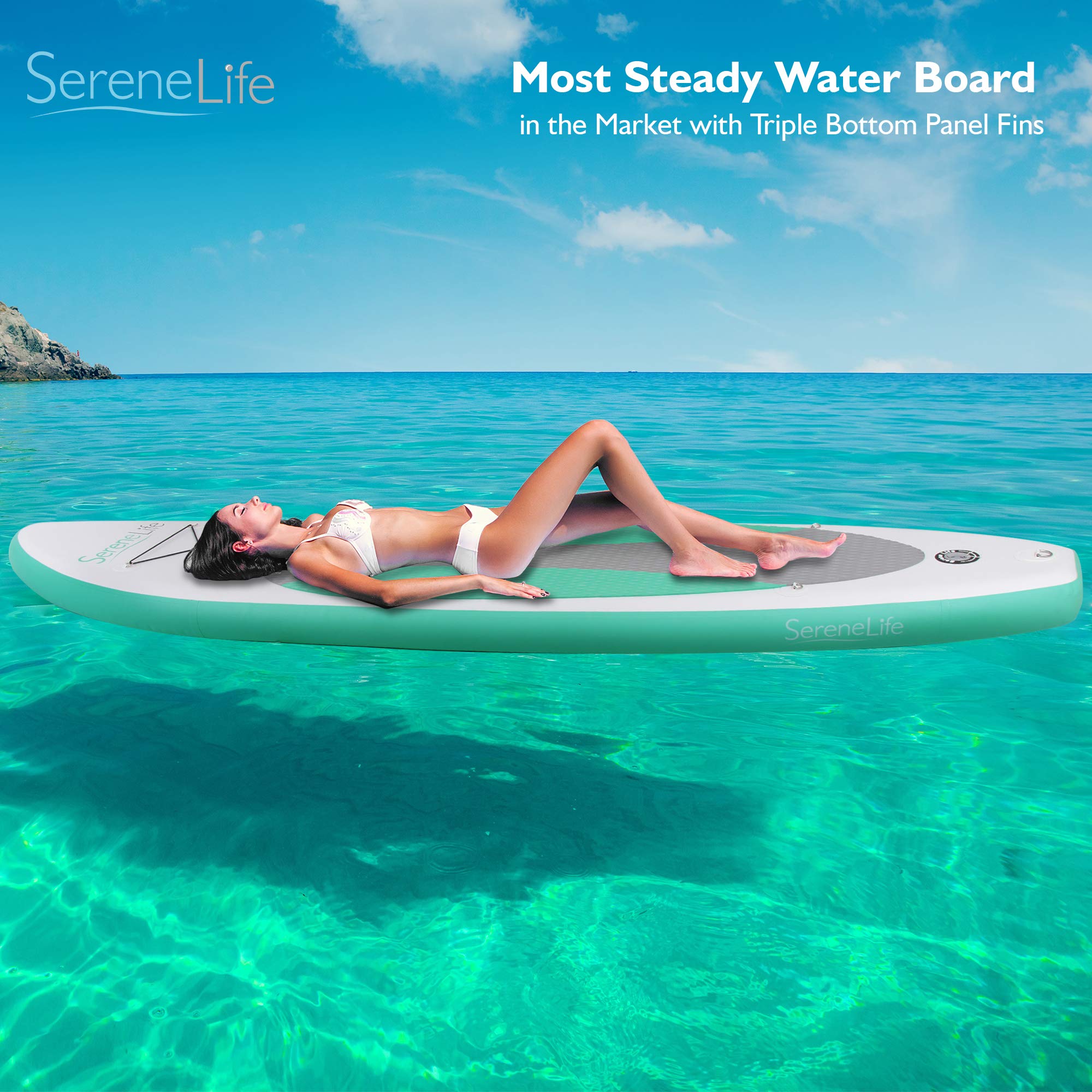 SereneLife Inflatable Stand Up Paddle Board (6 Inches Thick) with Premium SUP Accessories & Carry Bag | Wide Stance, Bottom Fin for Paddling, Surf Control, Non-Slip Deck | Youth & Adult Standing Boat