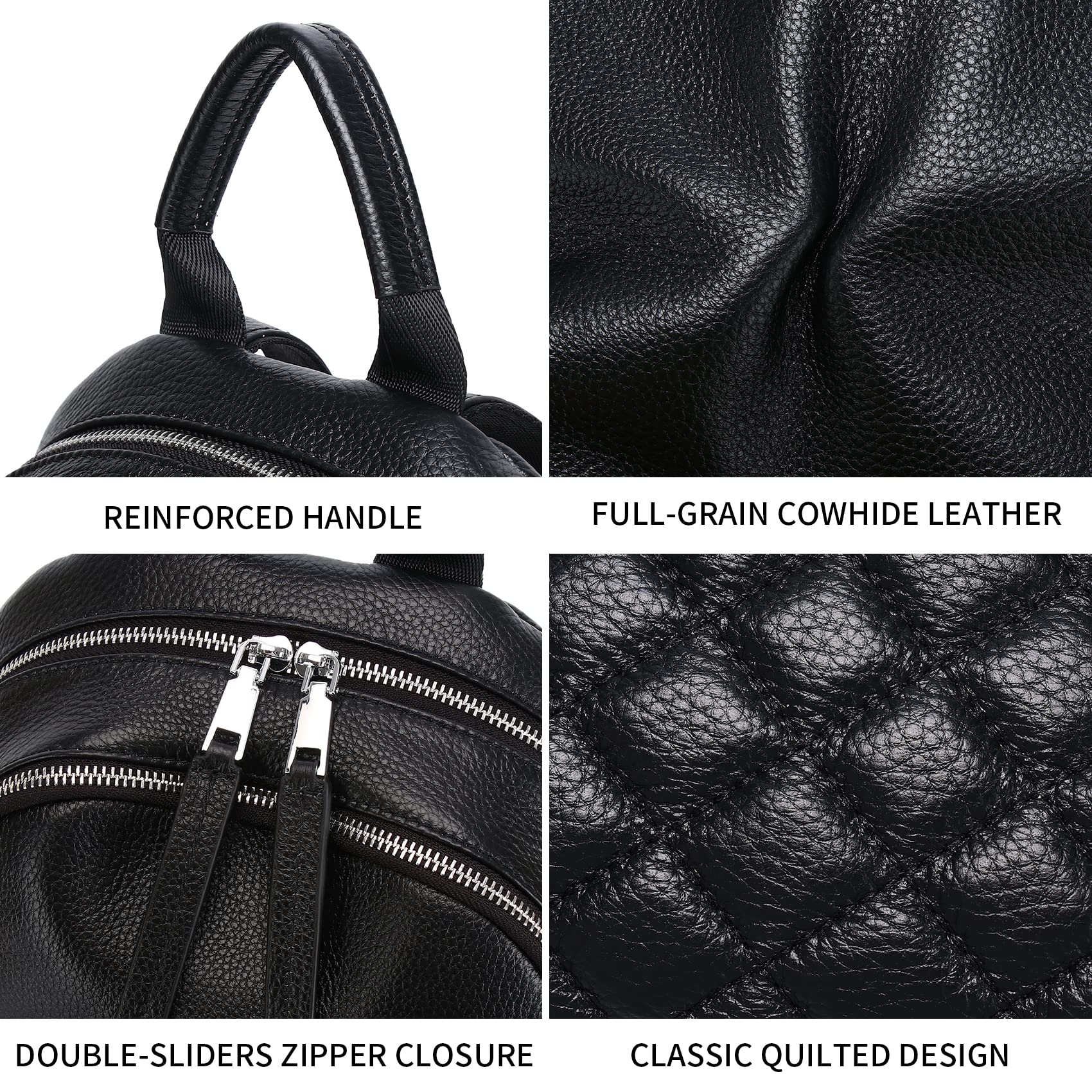Wesccimo Genuine Leather Backpack Purse For Women Small Size Black Quilted Real Soft Leather Casual Daypack Backpack