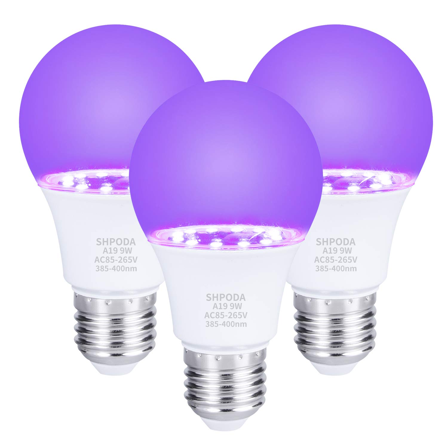 SHPODA 3 PACK 9W UV LED Black lights Bulb,A19 E26 UV Blacklight Bulb UVA Level 385-400nm,Glow in The Dark for Blacklight Party,Body Paint, Fluorescent Poster,Neon Glow