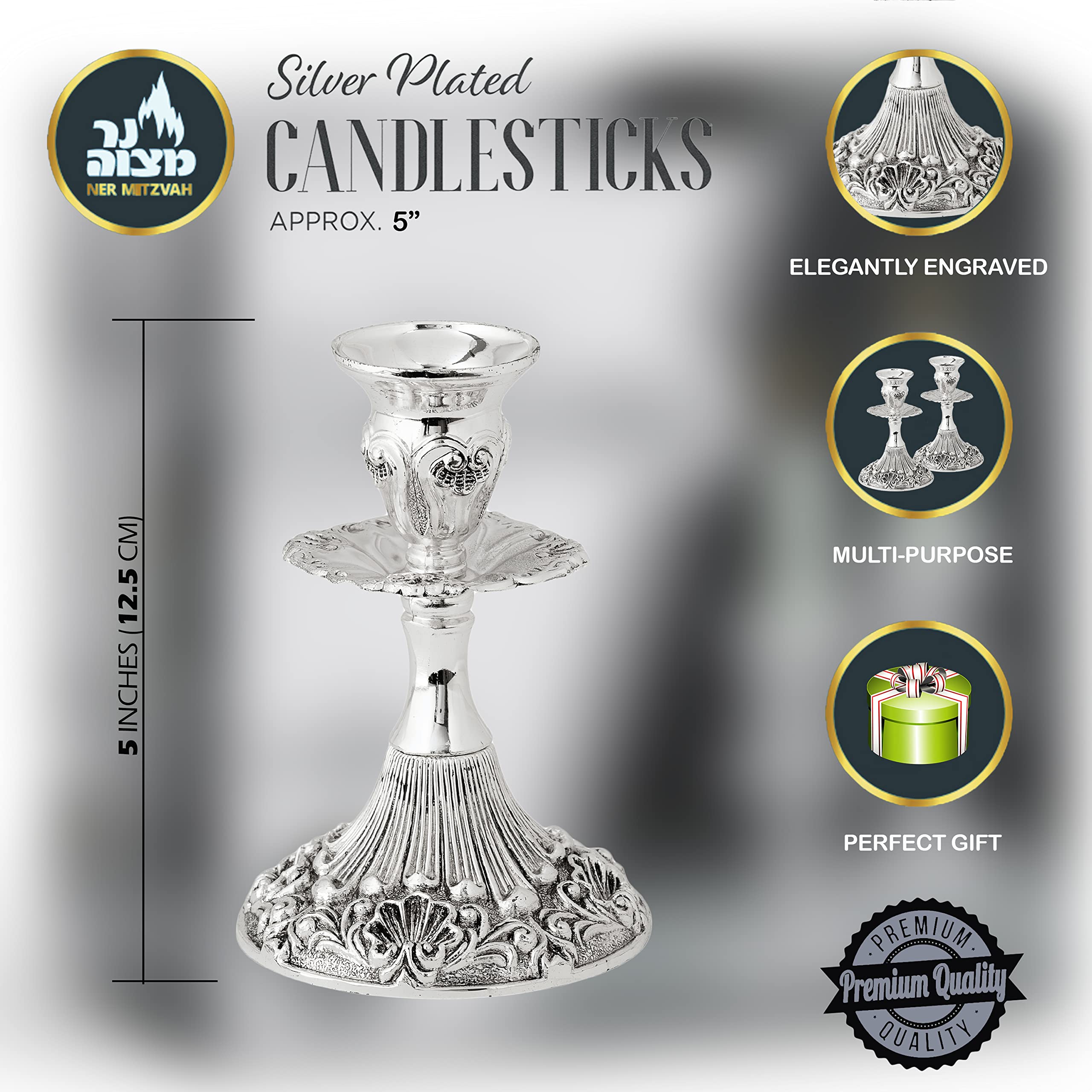 Silver Plated Candlesticks - 2 Pack Set - Pair of 5 Inch Ornate Candle Holders with Round Base and Floral Design