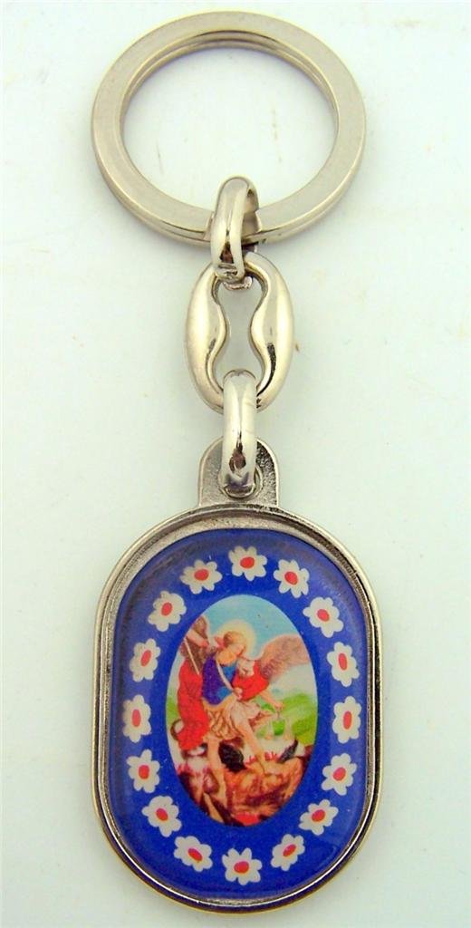 Religious Gifts Mens Womens Catholic Gift Silver Tone Blue Enamel Flower Design Border Archangel Saint St Michael Travel Protection Oval Shape Key Ring