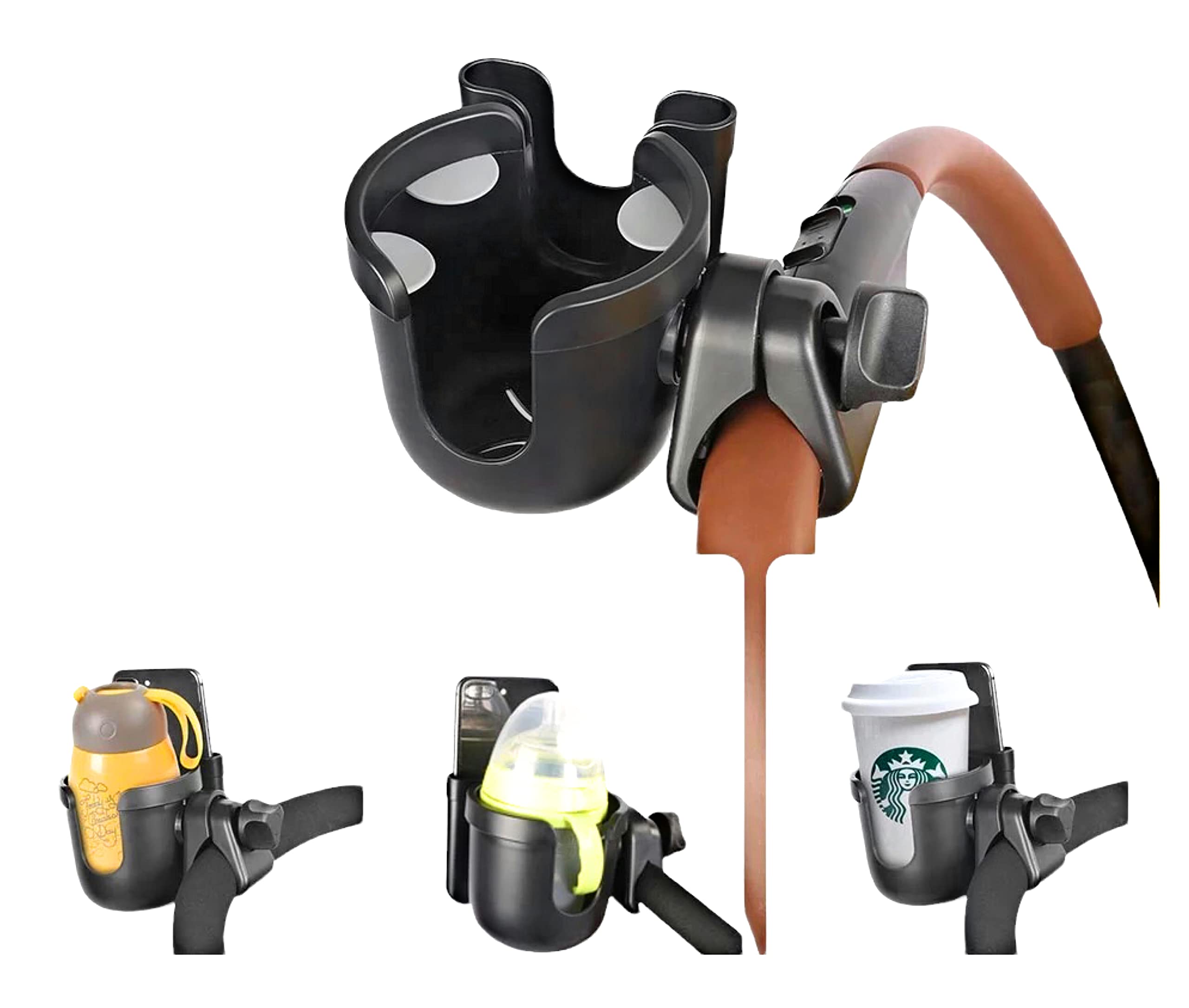 Stroller Cup Holder Strong Compatibility,Bike Cup Holder Phone Case 2 in1,360 Degree Adjustable Rotating Cup Holder for Walker,Baby Strollers,Bicycles,Handlebar with Toy Belt and Hooks