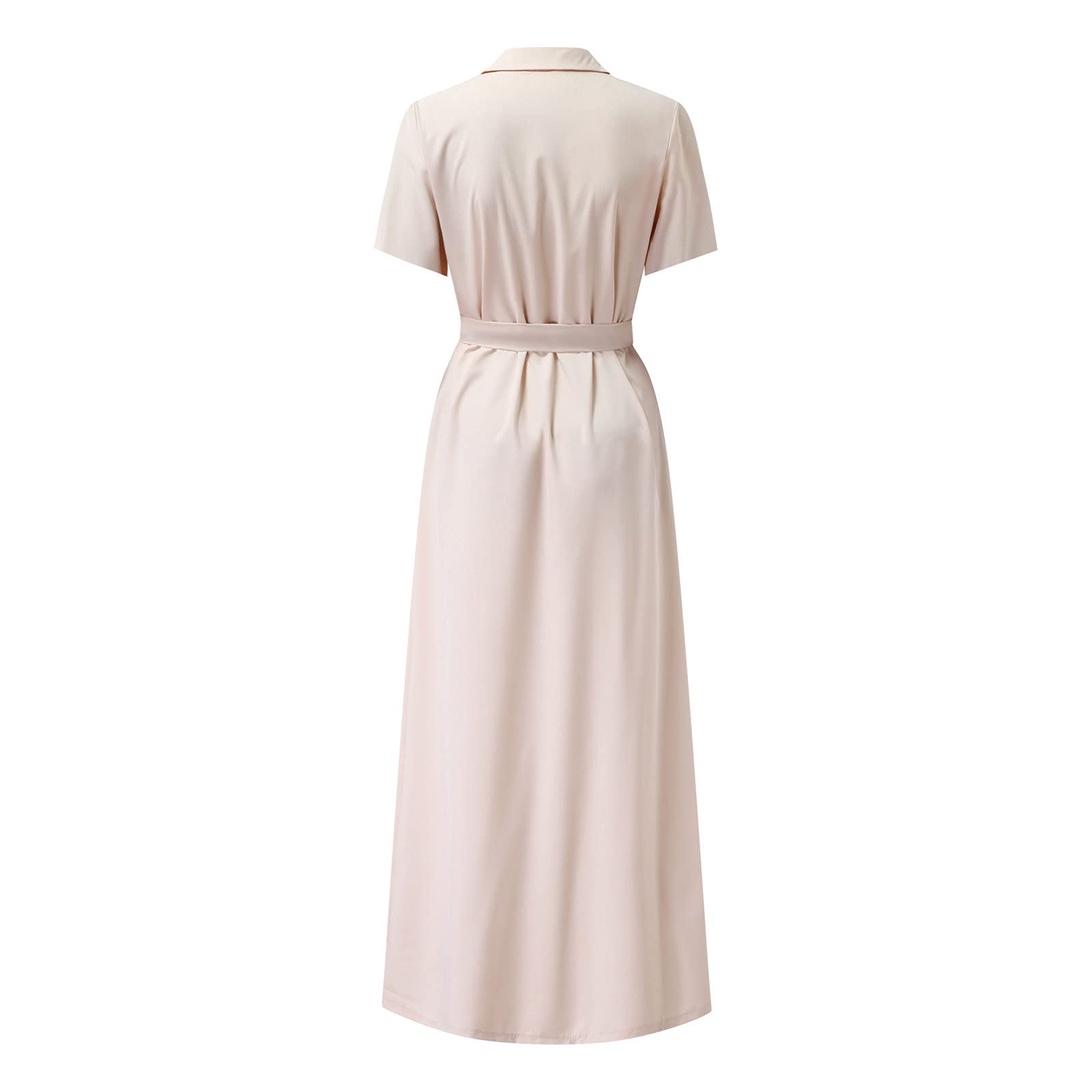 Womens Solid Color Long Dress Short Sleeve V Neck Summer Elegant Dress Office Lady Shirt Dresses With Belt (Khaki, L)