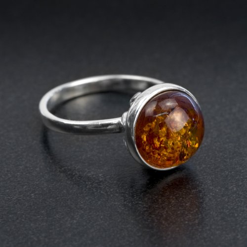 Sterling Silver Amber Round Cut Stone Ring