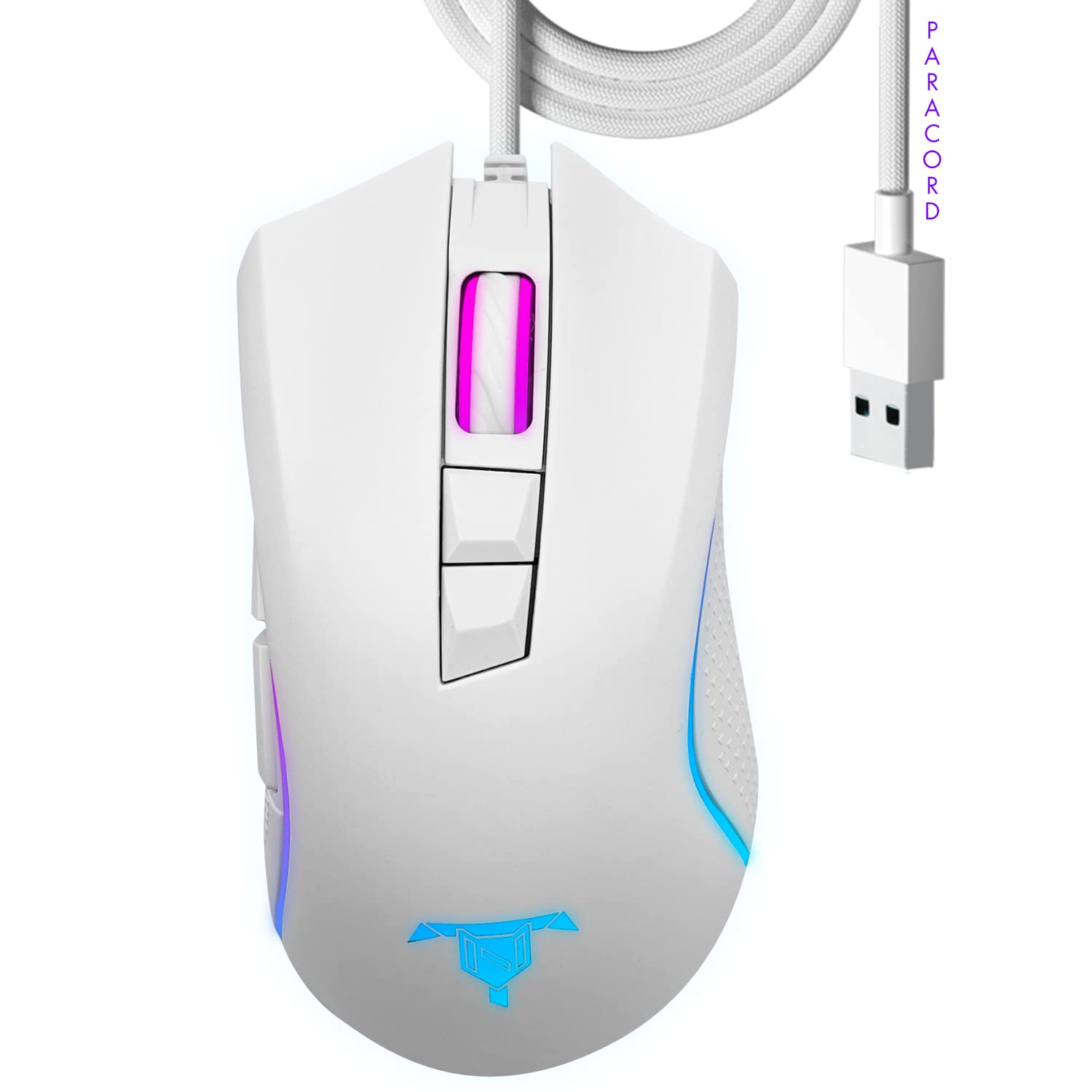 Tilted Nation White Gaming Mouse Wired, LED RGB Mouse for PC Gamers w/Lightweight Paracord Cable USB, 7 Programmable Buttons, Ergonomic Side Grips, 10K DPI, Mechanical Switches - White Mouse