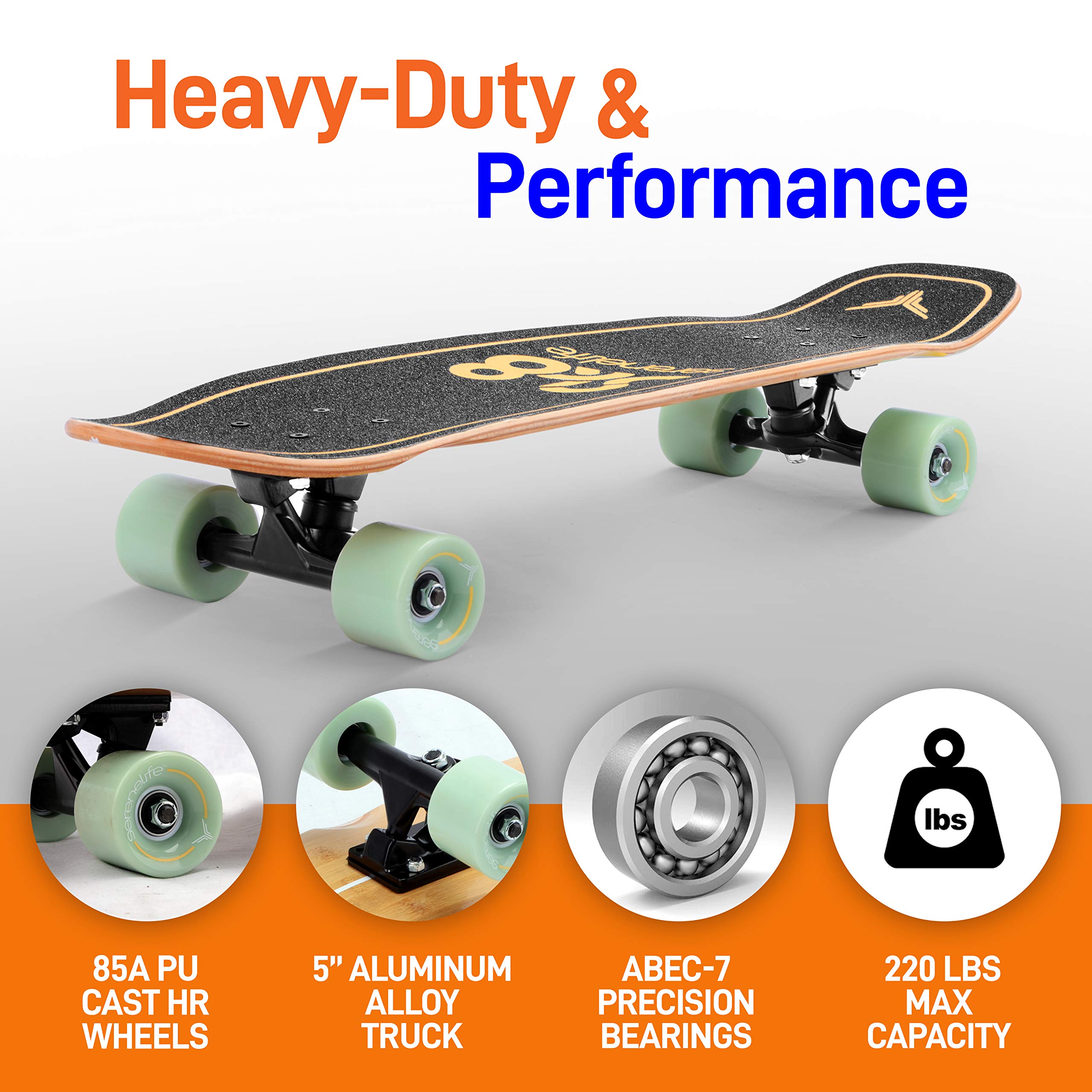 SereneLife Complete Standard Skateboard Mini Cruiser - 6 Ply Canadian & Bamboo Maple Deck Complete Double Kick Skate Board W/ 5" Aluminum Trucks - for Kids, Teens, Adults - SereneLife SL5SBGR (Aqua)
