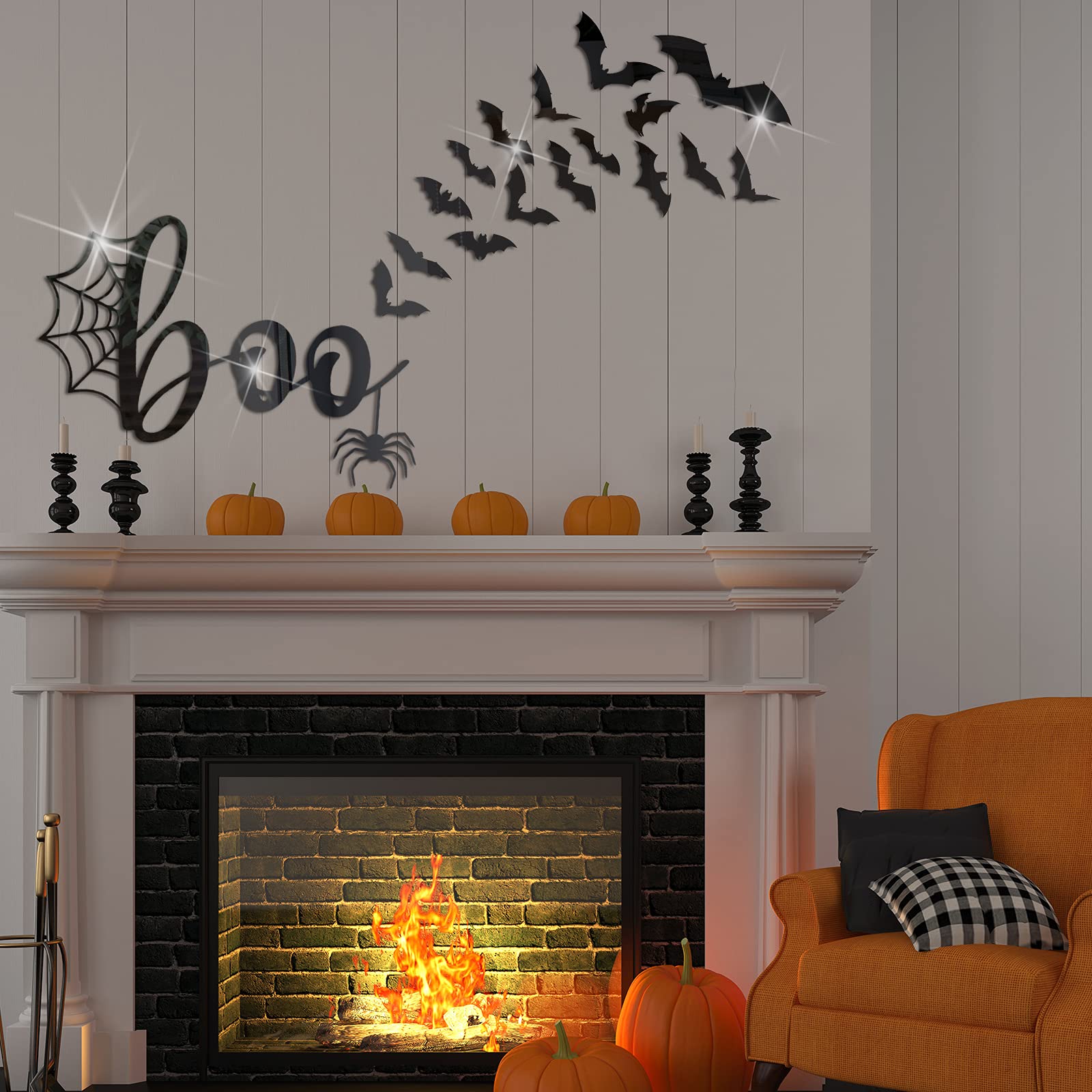 Zonon Halloween Spider Bat Wall Decor Bat Boo Decorations Wall Decal 3D Bats Decor Wall Stickers Self Adhesive DIY Halloween Mirror Decor Removable Spider Acrylic Sticker for Window Wall(Black)