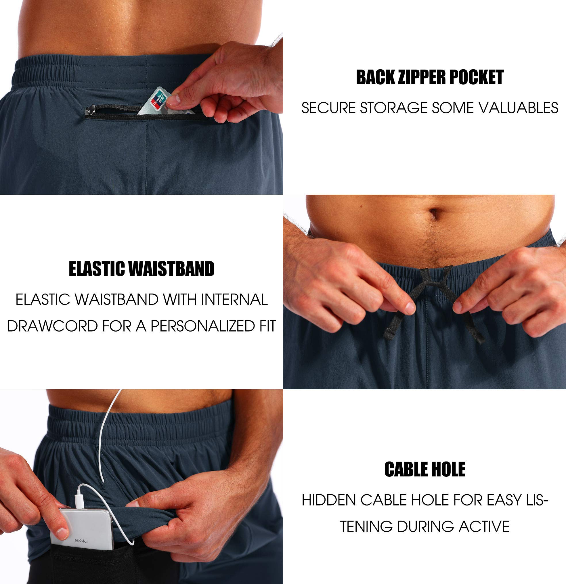 Pudolla Men’s 2 in 1 Running Shorts 5" Quick Dry Gym Athletic Workout Shorts for Men with Phone Pockets(Navy Blue Small)