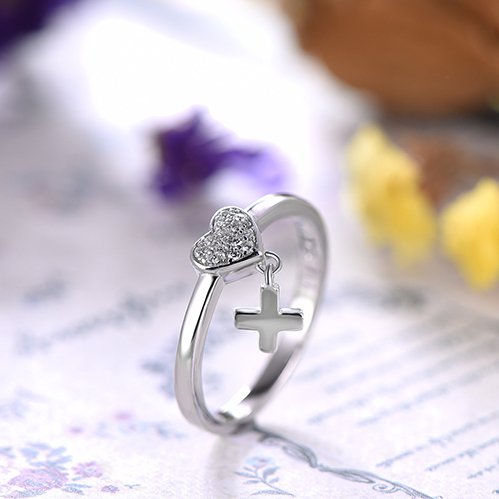 STARCHENIE Cross Ring Sterling Silver Rings for Women Cubic Zirconia Love Heart Hanging Cross Ring