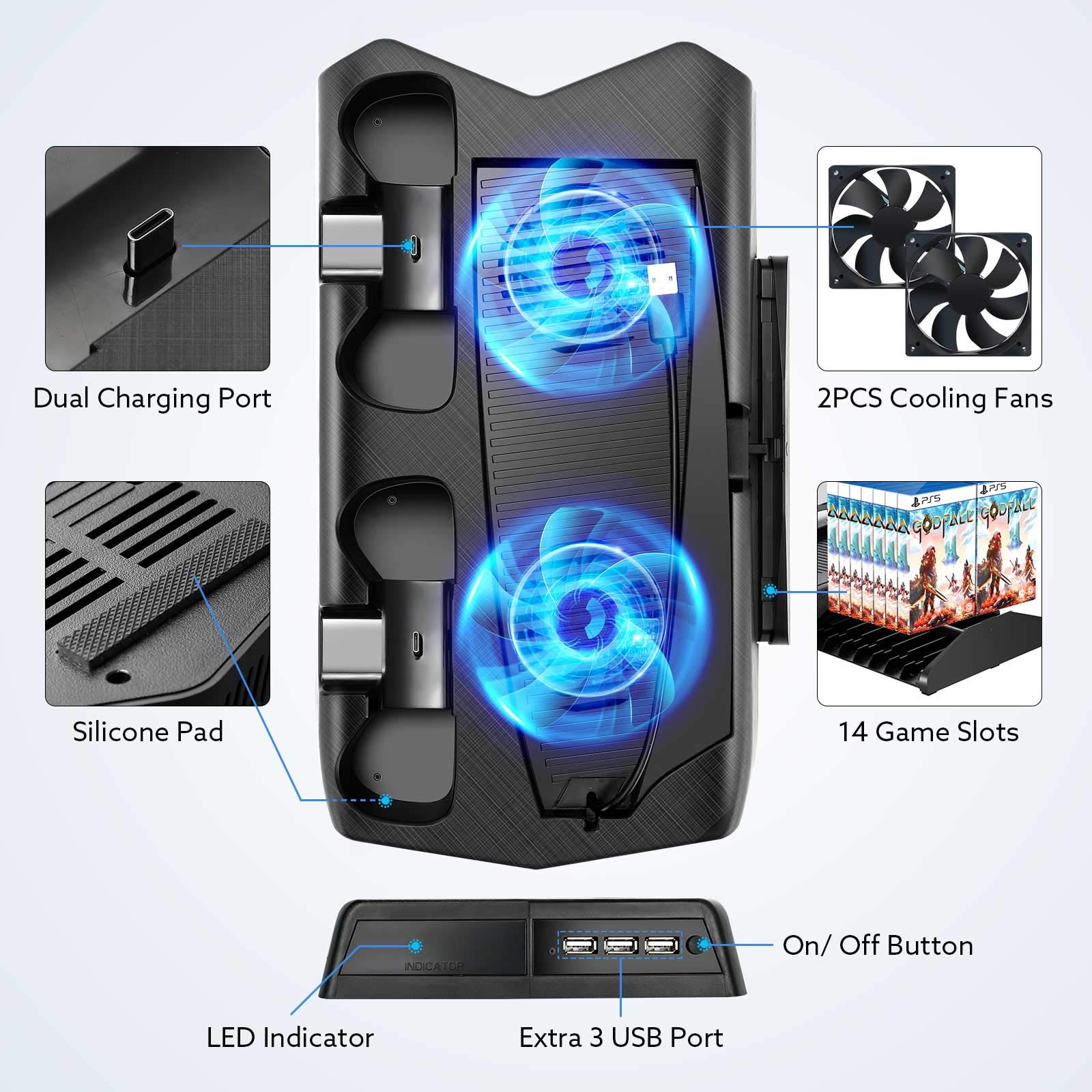 UeeVii PS5 Vertical Stand with Cooling Fan Dual Charging Station Dock for Playstation 5 Digital Edition and DualSense 14 Retractable Game Storage 3 USB Ports