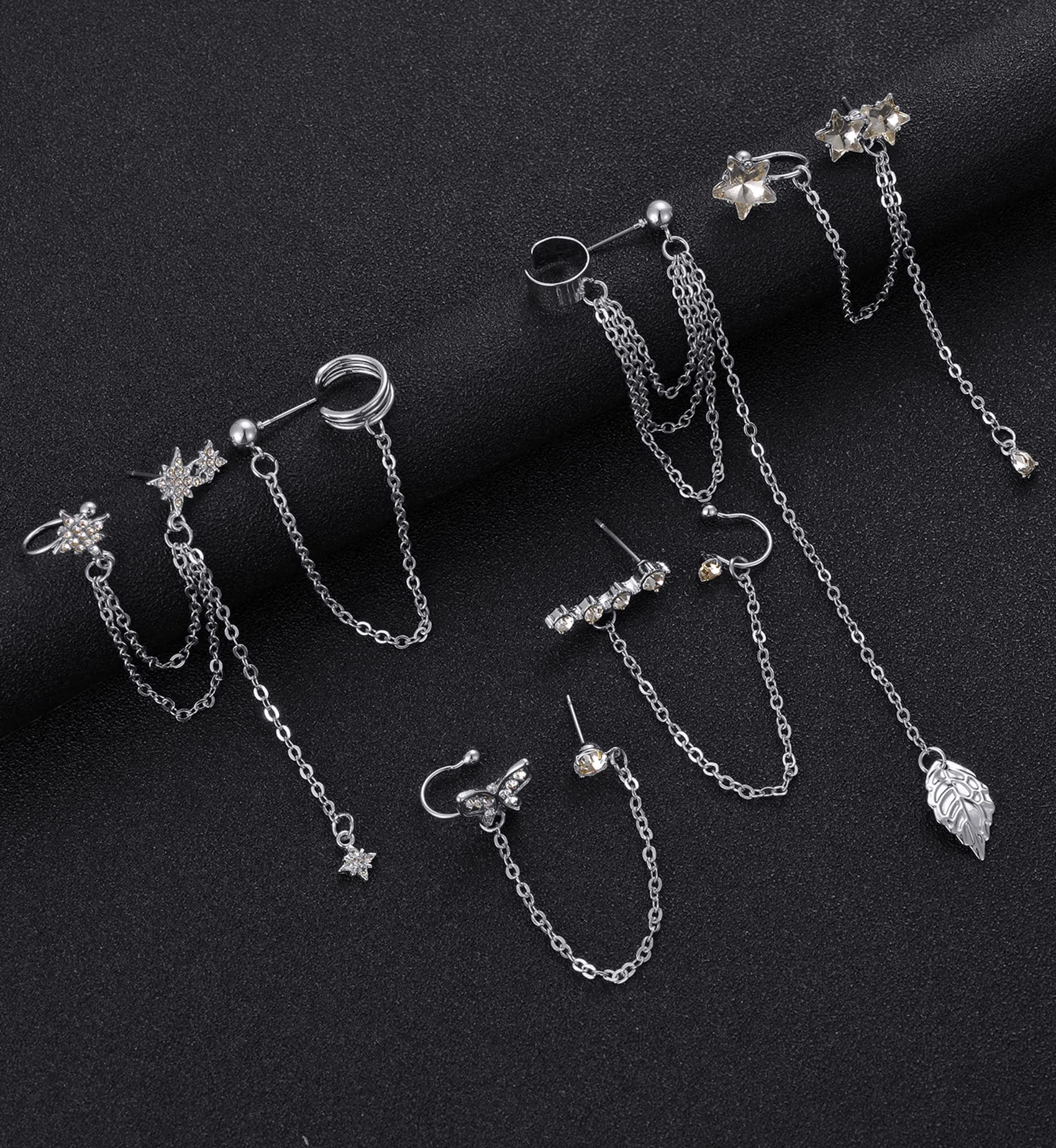 Tornito 6Pcs Cuff Earring Chain Leaf Snowflake Star Butterfly with CZ Crawler Climber Earring Studs Drop Dangling Chain Wrap Tassel Earring for Women Men 20G Silver Tone