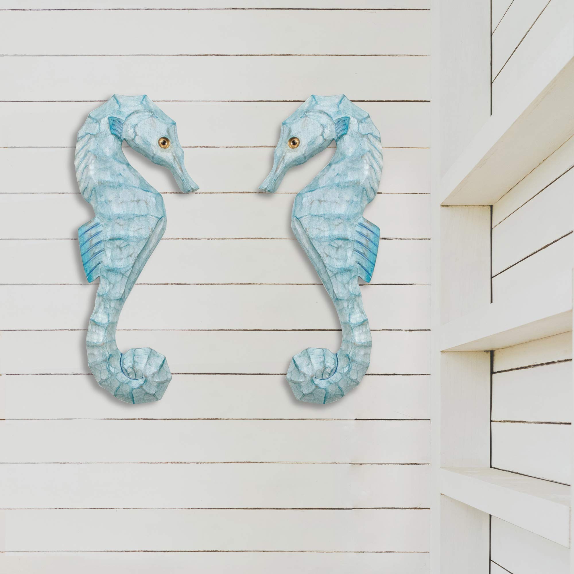T.I. Design Hand Carved Coastal Seahorses Pair Aqua Beach Sea Life Wall Art