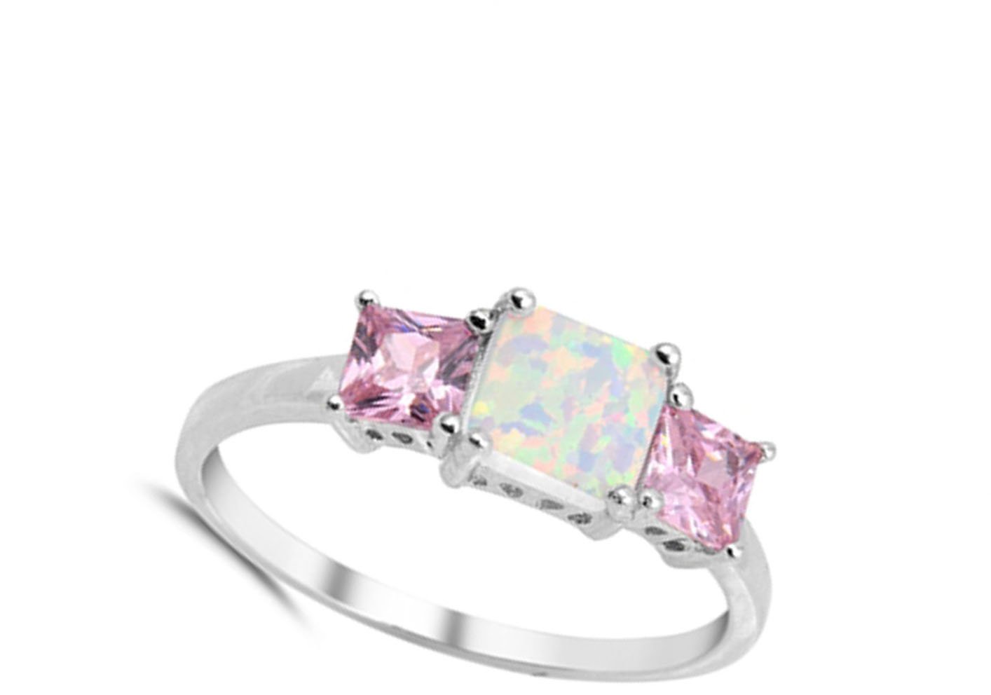 Square White Simulated Opal Pink CZ Cute Ring New .925 Sterling Silver Band Size 10