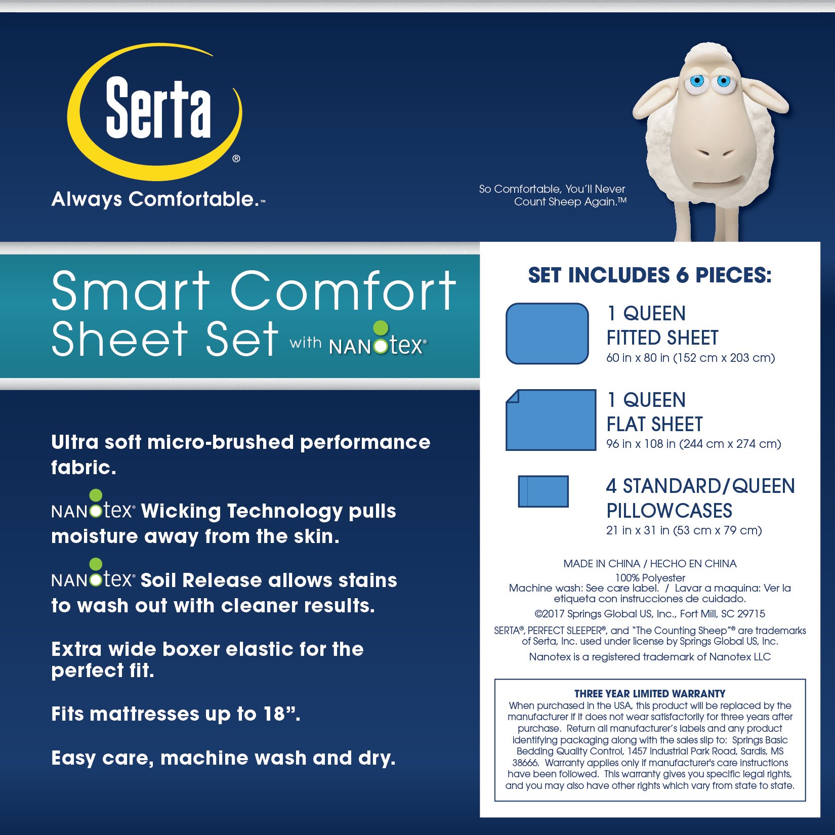 Serta Perfect Sleeper Smart Comfort Sheet Set with Nanotex, Bed Sheets for All Mattress Sizes, Moisture Wicking Sheets, Double Brushed Bed Sheets (King, Dark Gray)