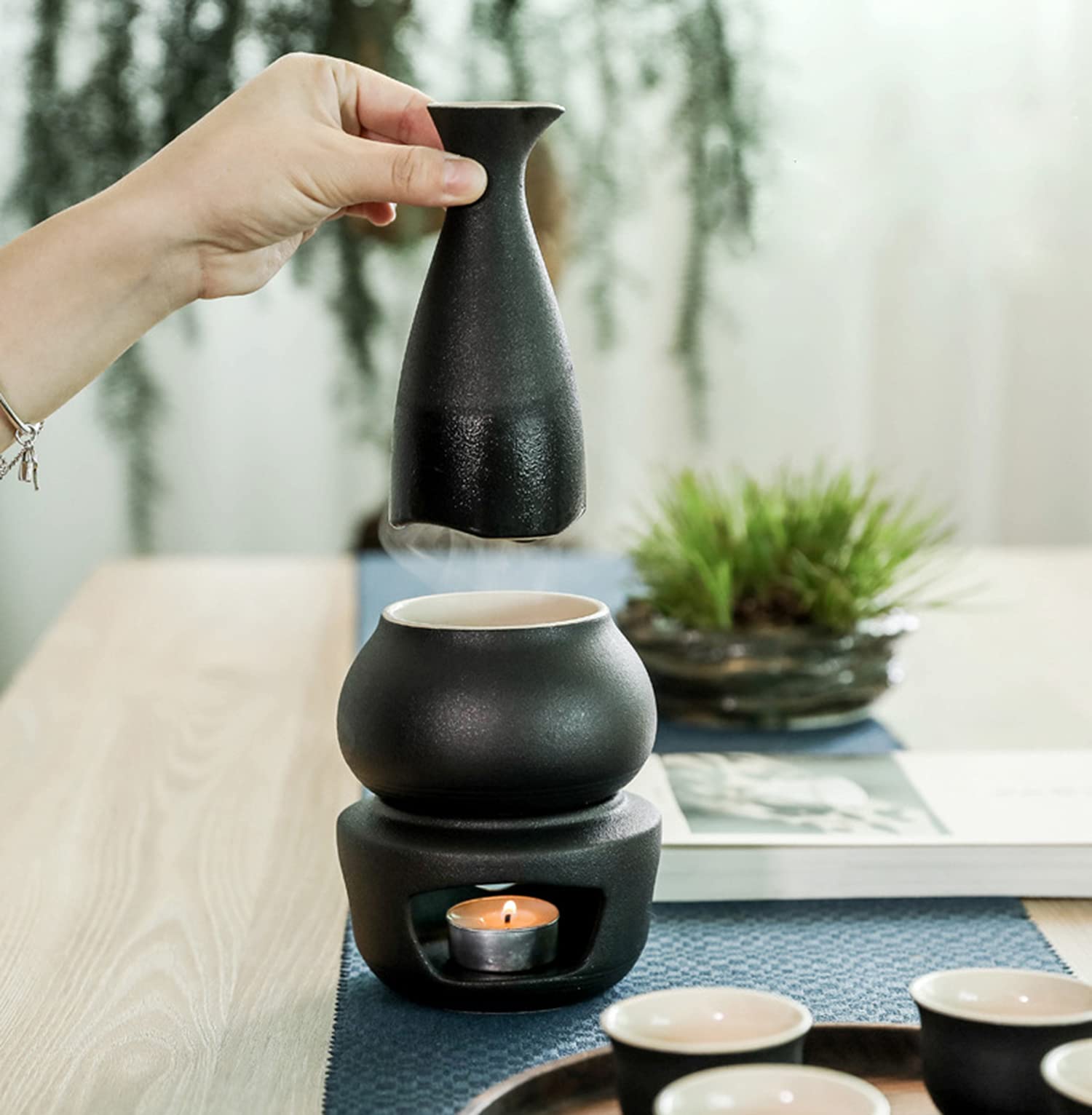 Tosnail 7 Pieces Ceramic Japanese Sake Set with Warmer, Hot Saki Set - Black