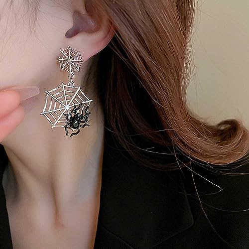 Sttiafay Gothic Spider Web Drop Earrings Black Spider Dangle Earrings Silver Spiderweb Earrings Onyx Spider Earrings Exaggerated Halloween Earrings Jewelry for Women and Girls