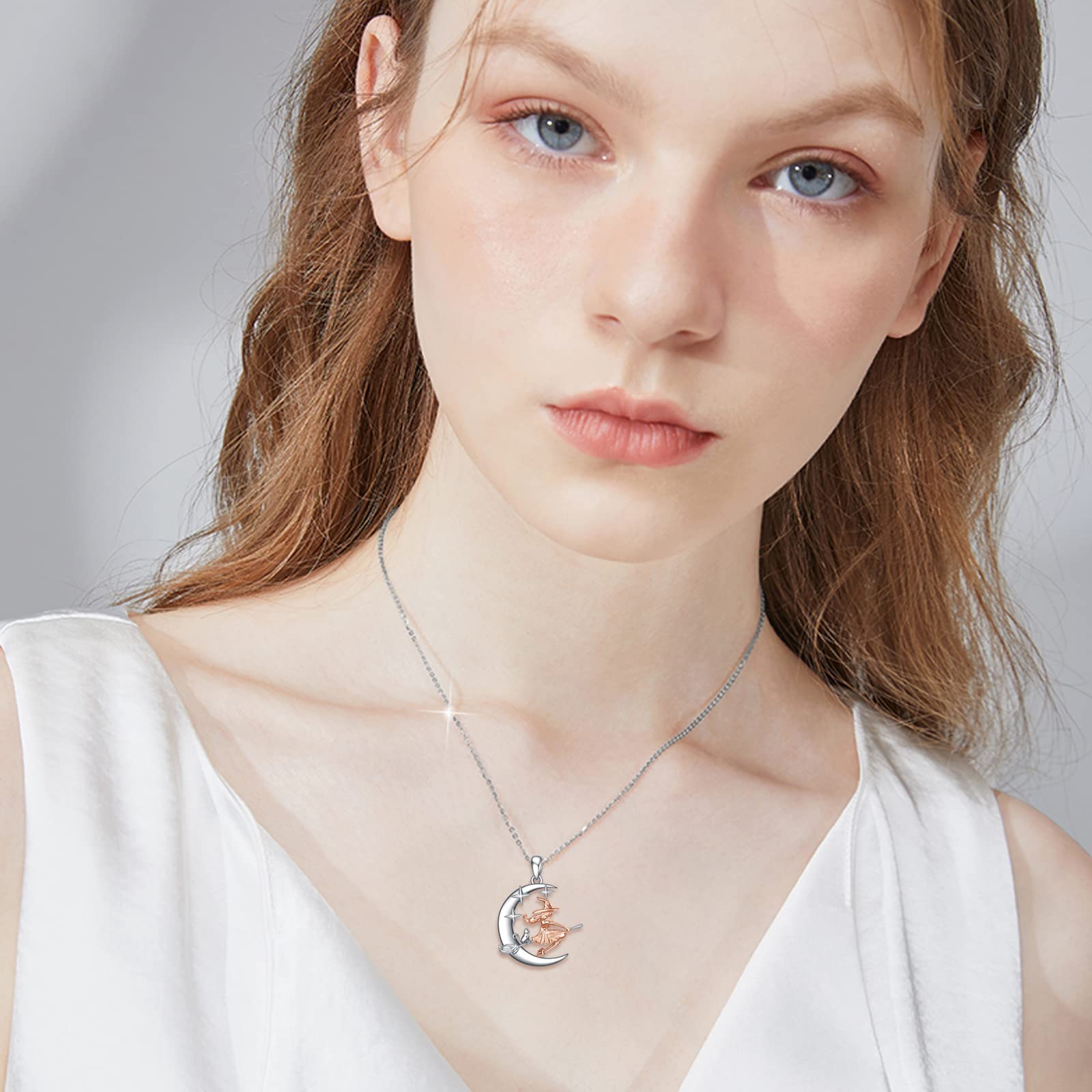 YFN Witch Necklace for Women Sterling Silver Cat Witch Hanging on Broom Witch Jewelry Gifts for Women