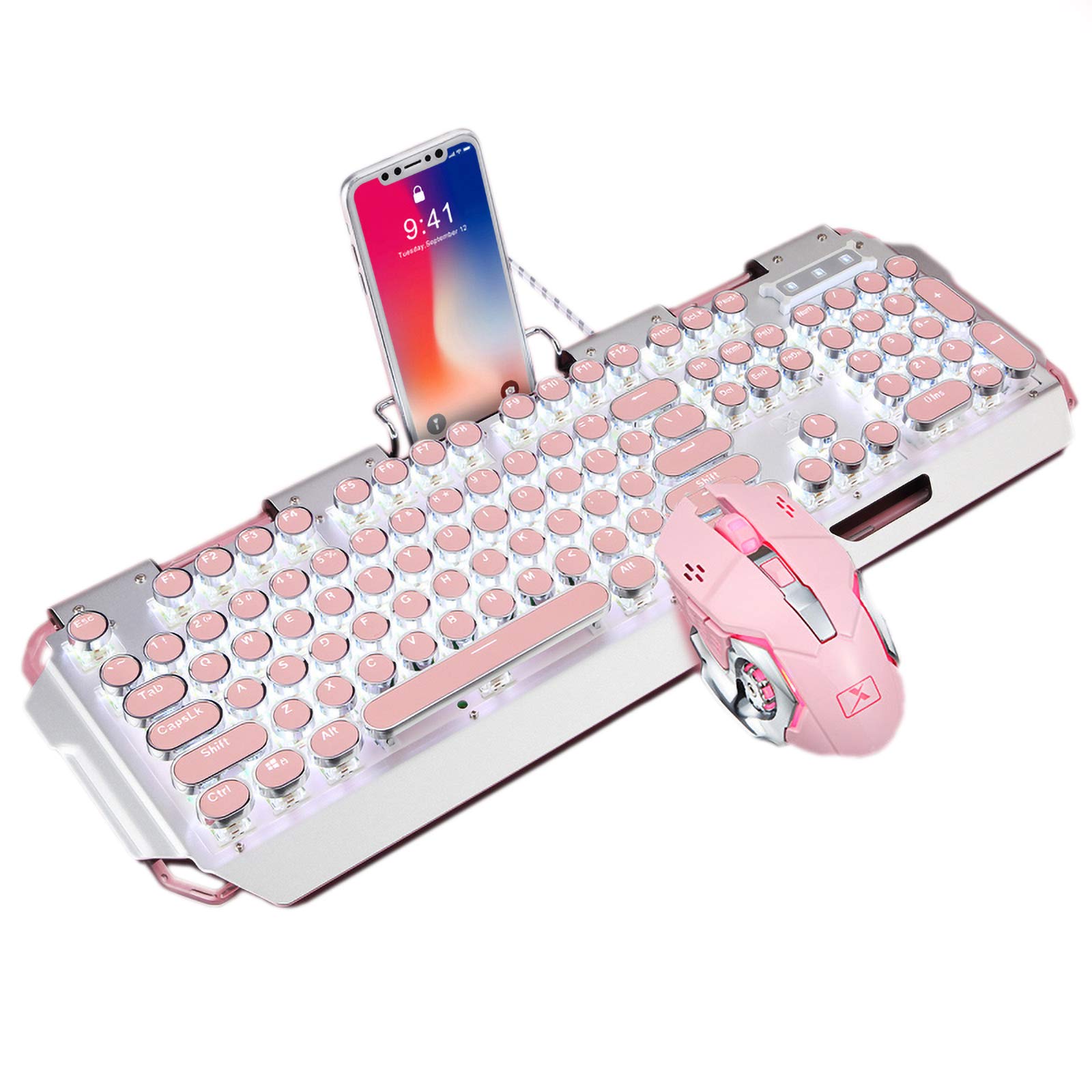 TISHLED Typewriter Style Mechanical Gaming Keyboard and Mouse Combo, 104-Key Anti-Ghosting Blue Switch Retro Steampunk Round Keycaps Metal Panel White LED Backlit Wired USB for PC, Mac, Laptop (Pink)