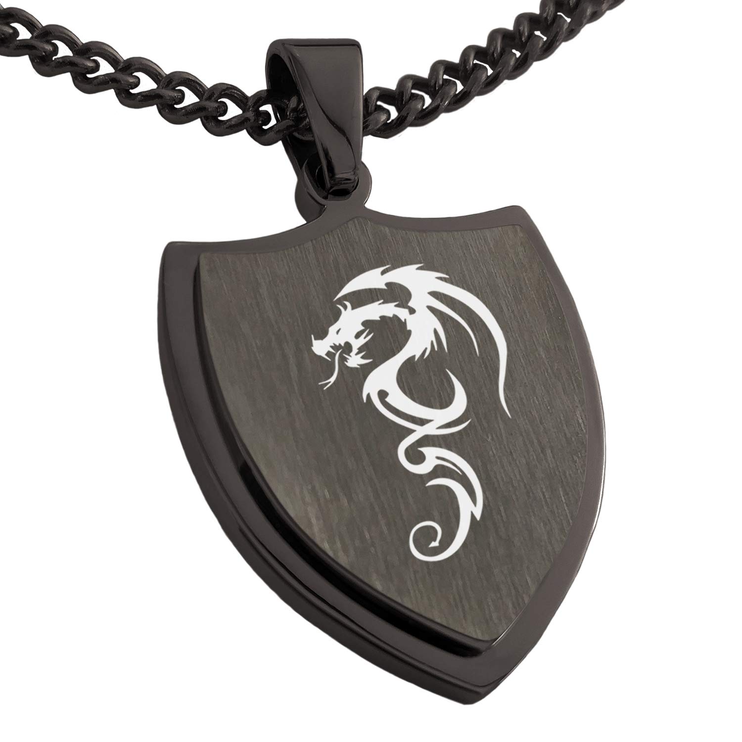 Tioneer Gunmetal Stainless Steel Shadow Dragon Shield Pendant Necklace