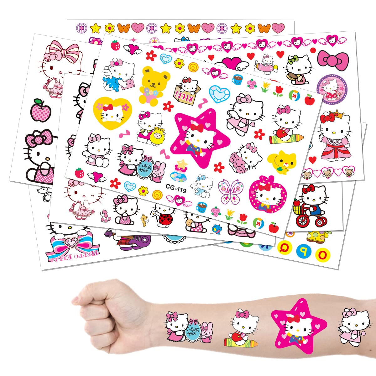 Waterproof Temporary Tattoos for Hello Kitty,Pink Cat Birthday Party Supplies Kids Temporary Tattoo(8 Sheets-6.1inch X 4.3inch)