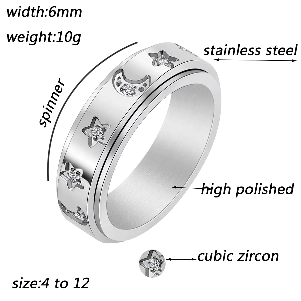 yfstyle Star Moon Spinner Ring 6mm Stainless Steel Fidget Anxiety Ring with Cubic Zircon Sliver Engagement Promise Band Ring Size Silver B-10