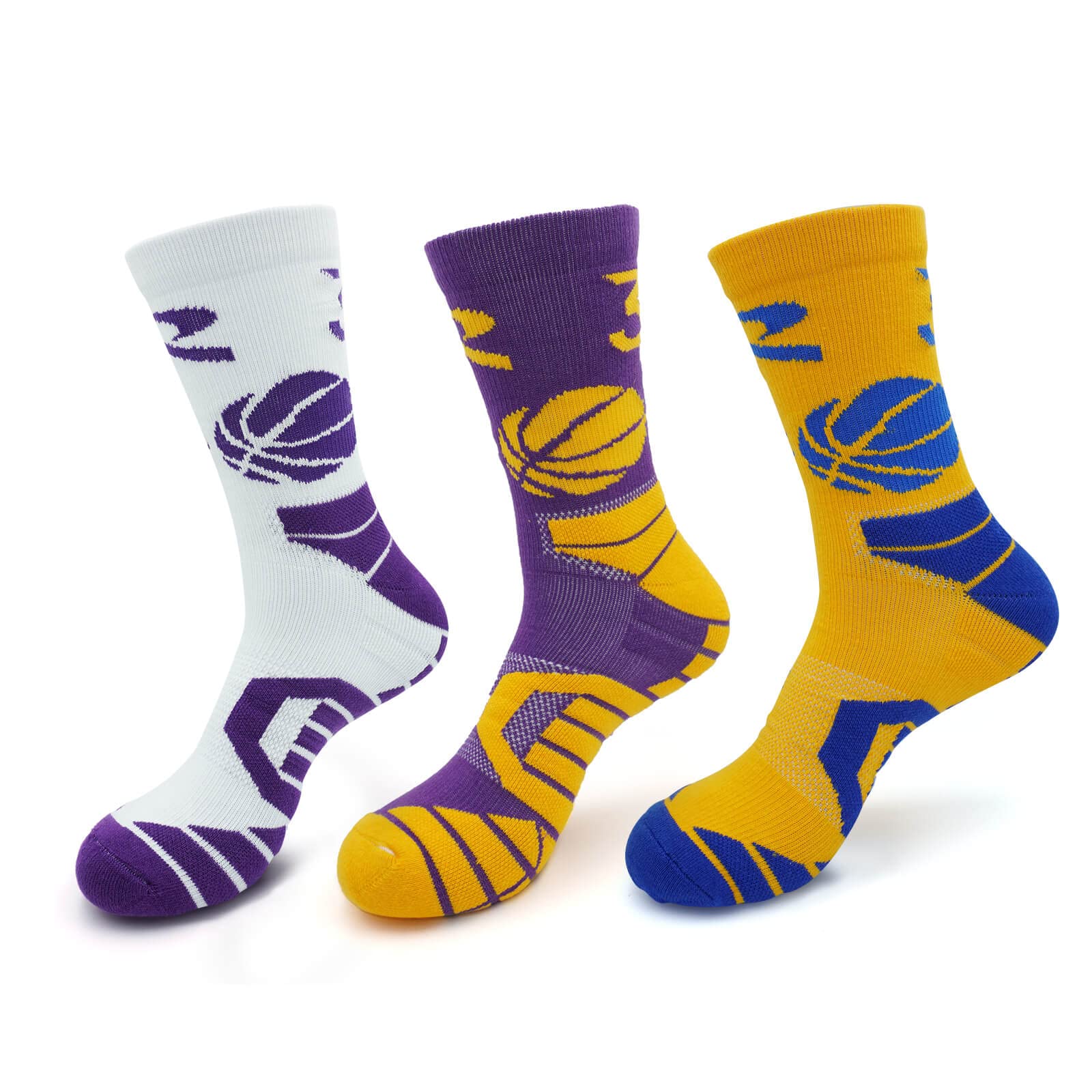 Ruinlong Elite Basketball Socks, 3 Pack Athletic Socks Thick Compression Sports Socks for Men & Women(Yellow/White/Purple)