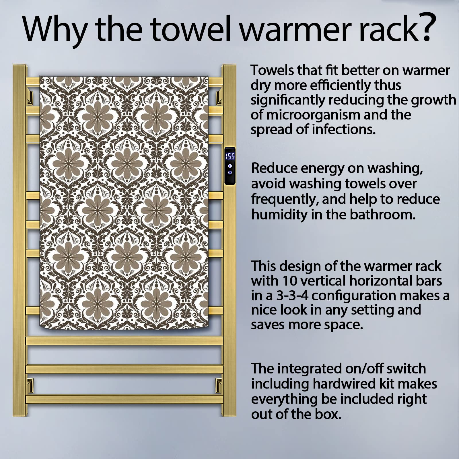 TWCC Towel Warmer Rack for Bathroom with Timer/Fahrenheit Temperature Control Wall Mounted Electric Heated 10 Bar Rail Plug-in or Hardwired Keep Bath Shower Towel Warming (Brushed Gold)