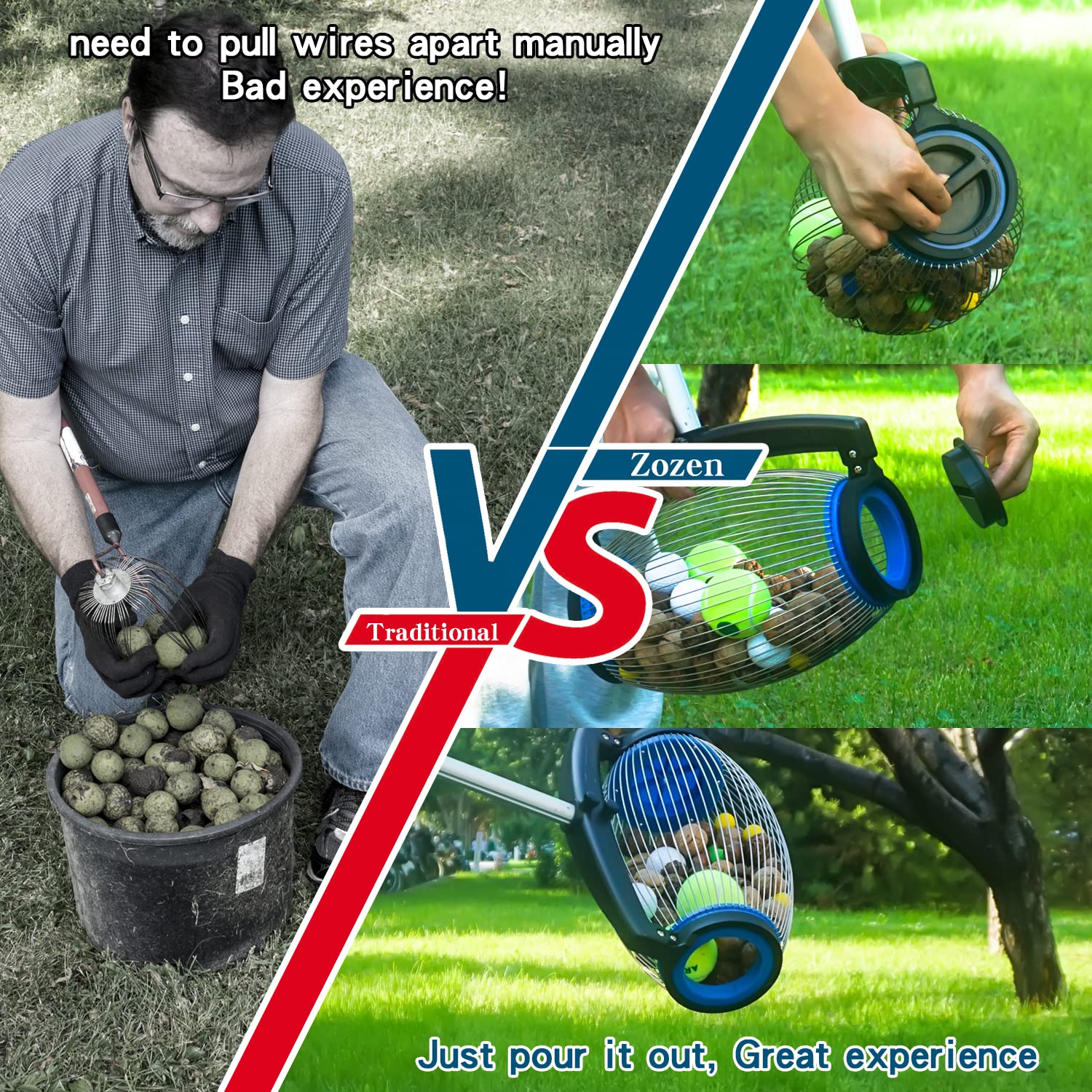 Zozen Nut Gatherer, Walnut Picker Upper Roller, Pinecone Picker Upper - Side Opening Dump | Apply to Walnut, Pecan, Hickory, Chestnuts, Buckeyes, Golf, Crab Apple Objects Size 1'' to 2.5''; 1.5 Gallon