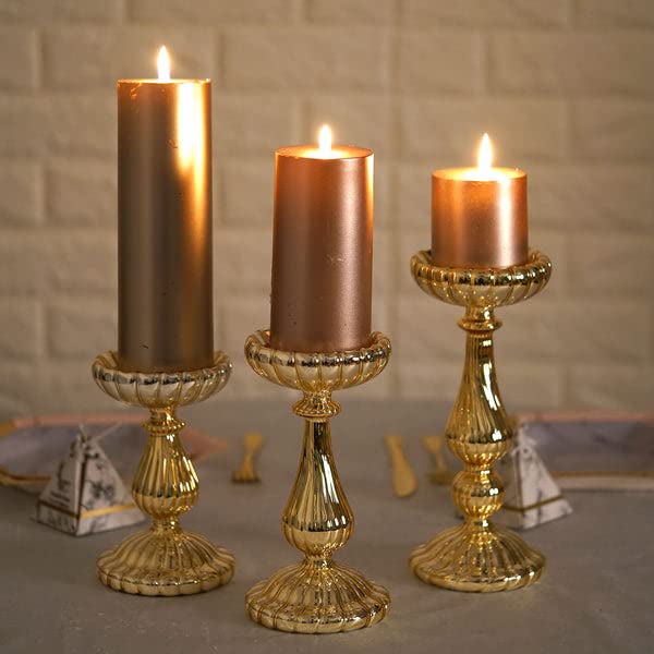 TABLECLOTHSFACTORY Set of 3 Gold Mercury Glass Pillar Candle Holders - 7" | 8.5" | 10"