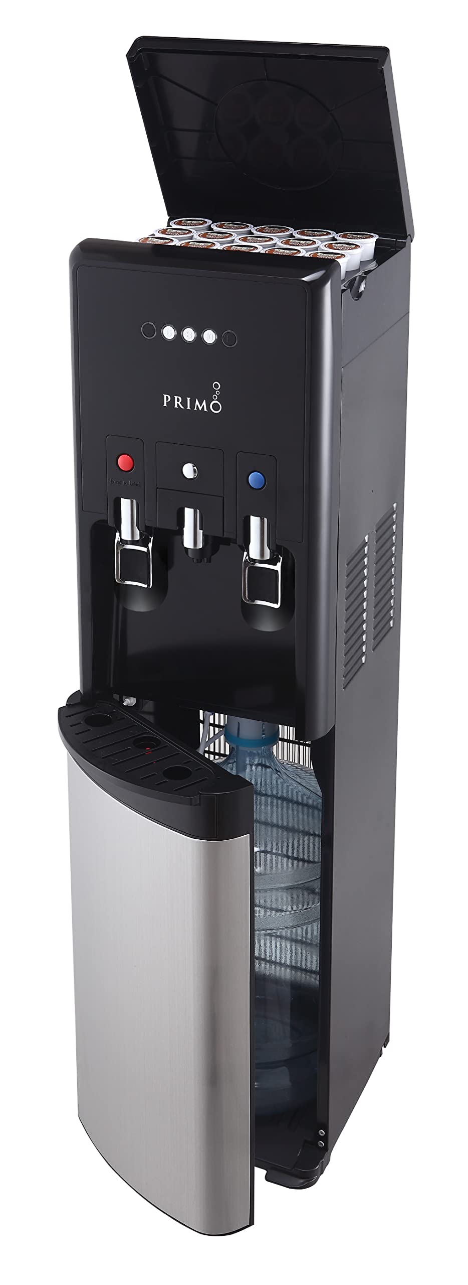 Primo hTRIO Water Dispenser with K-Cup Coffee Brewing, Bottom-Loading 2 Temp (Hot & Cold) Water Cooler Water Dispenser for 5 Gallon Bottle, Black and Stainless Steel