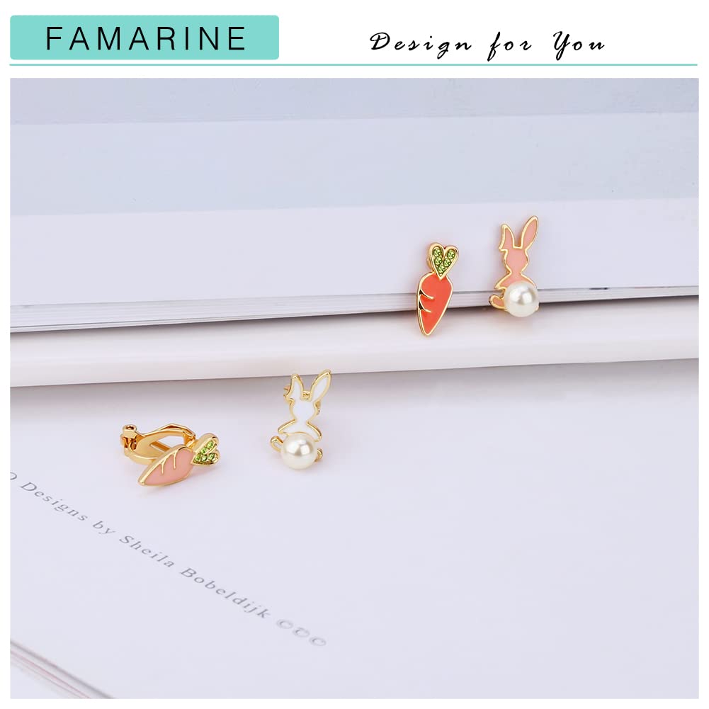White Rabbit Bunny Carrot Clip On Earrings Crystal Pearl Cute Funny Earring For Women Easter Gifts