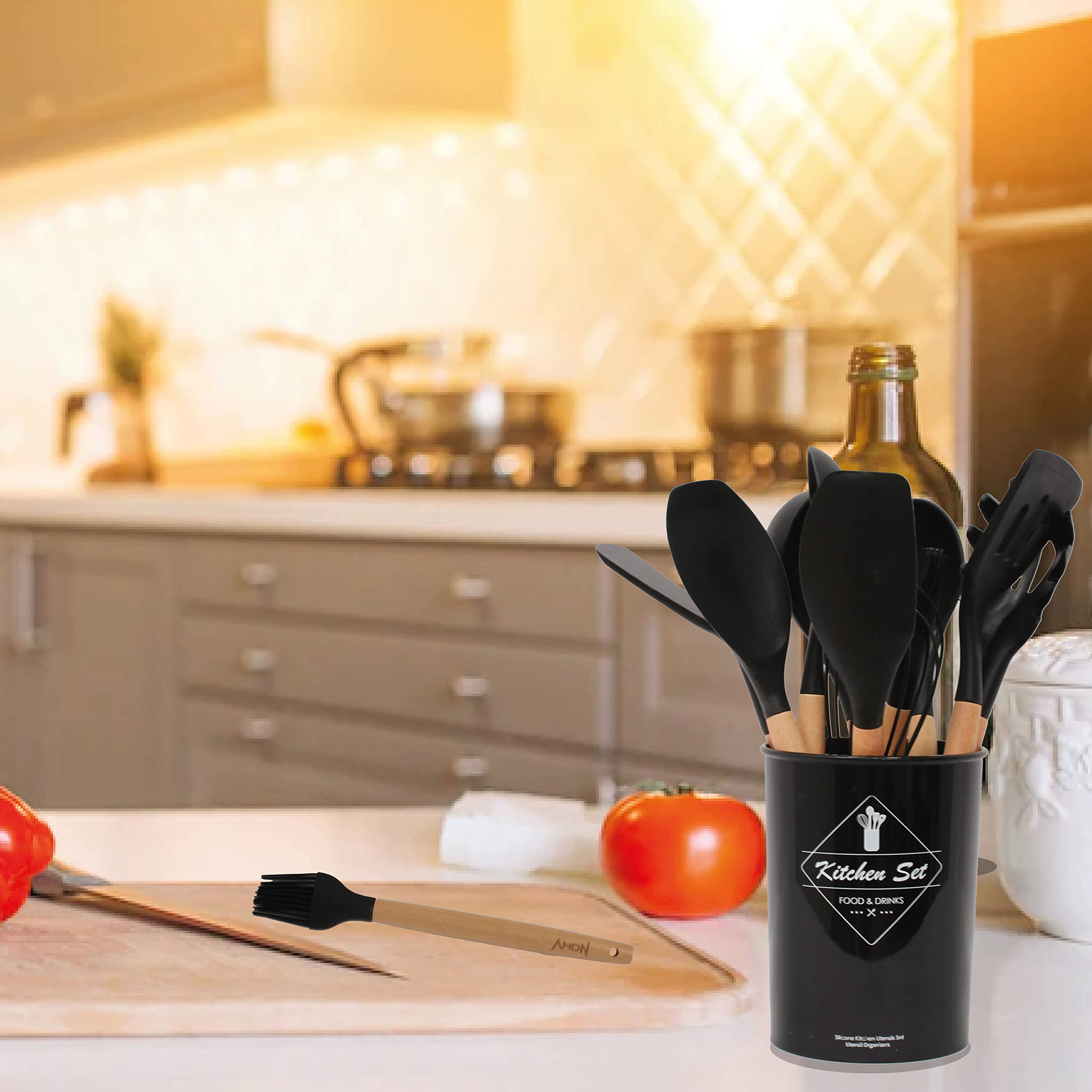 Premium 35-Piece Food Grade Silicone Kitchen Utensils Set | Nonstick Cooking Tools with Free Silicone Handles | Stylish Black Cookware Collection | BPA Free- Black